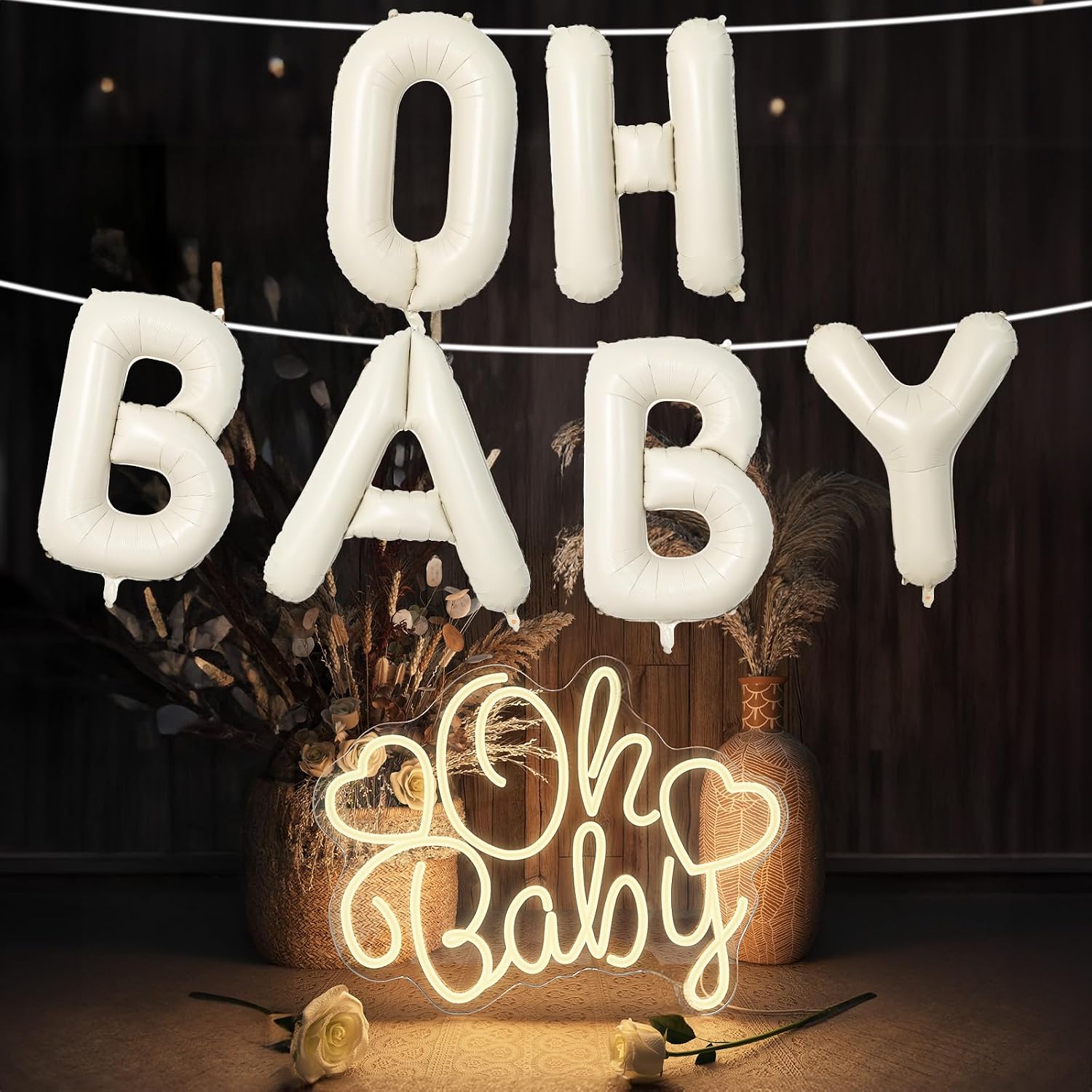 Amazon.com: 40 Inch Beige OH BABY Balloon with Warm White Neon Sign for ...