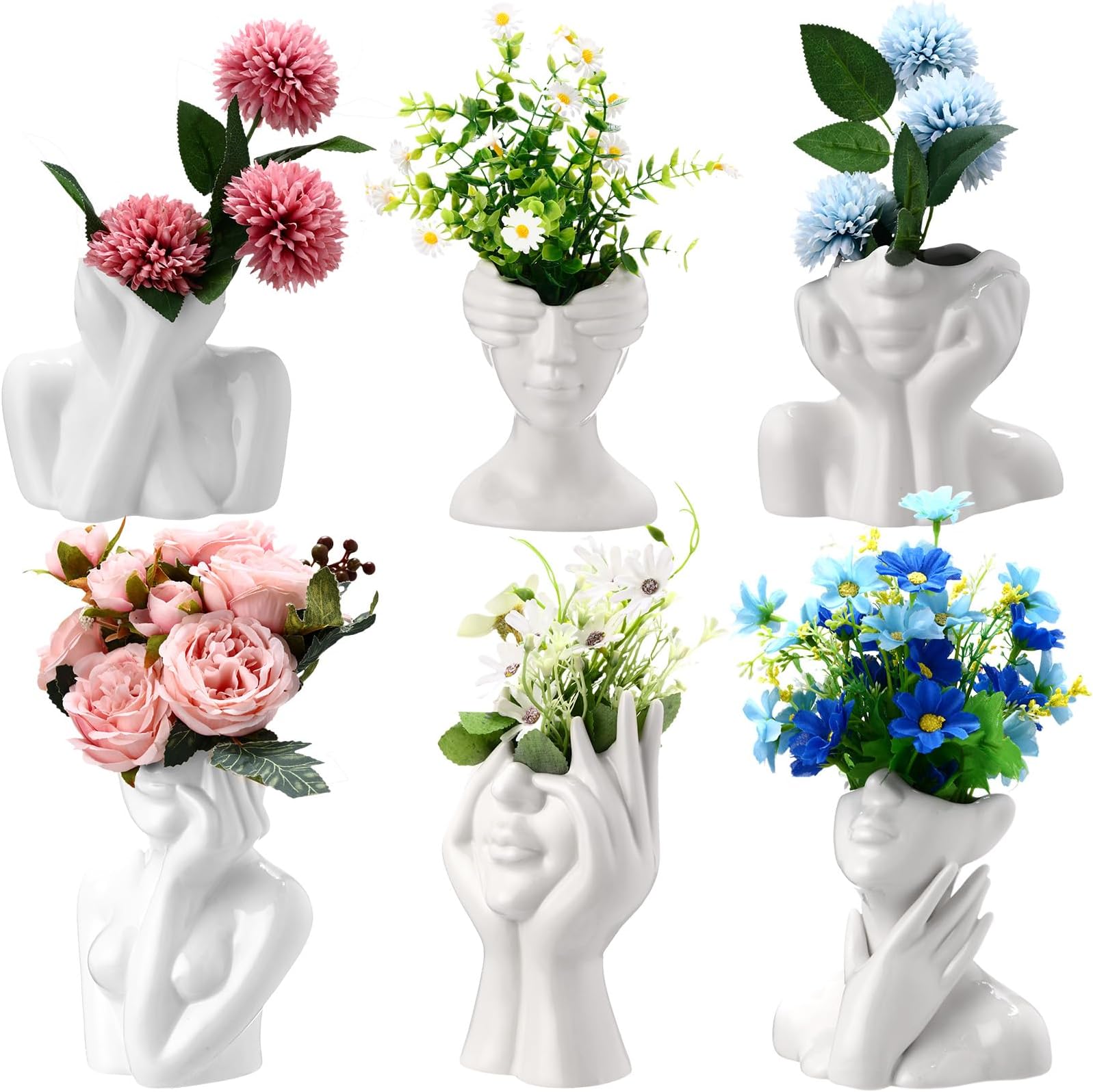 Amazon.com: Domensi 6 Pieces White Ceramic Face Vase for Flowers Female ...