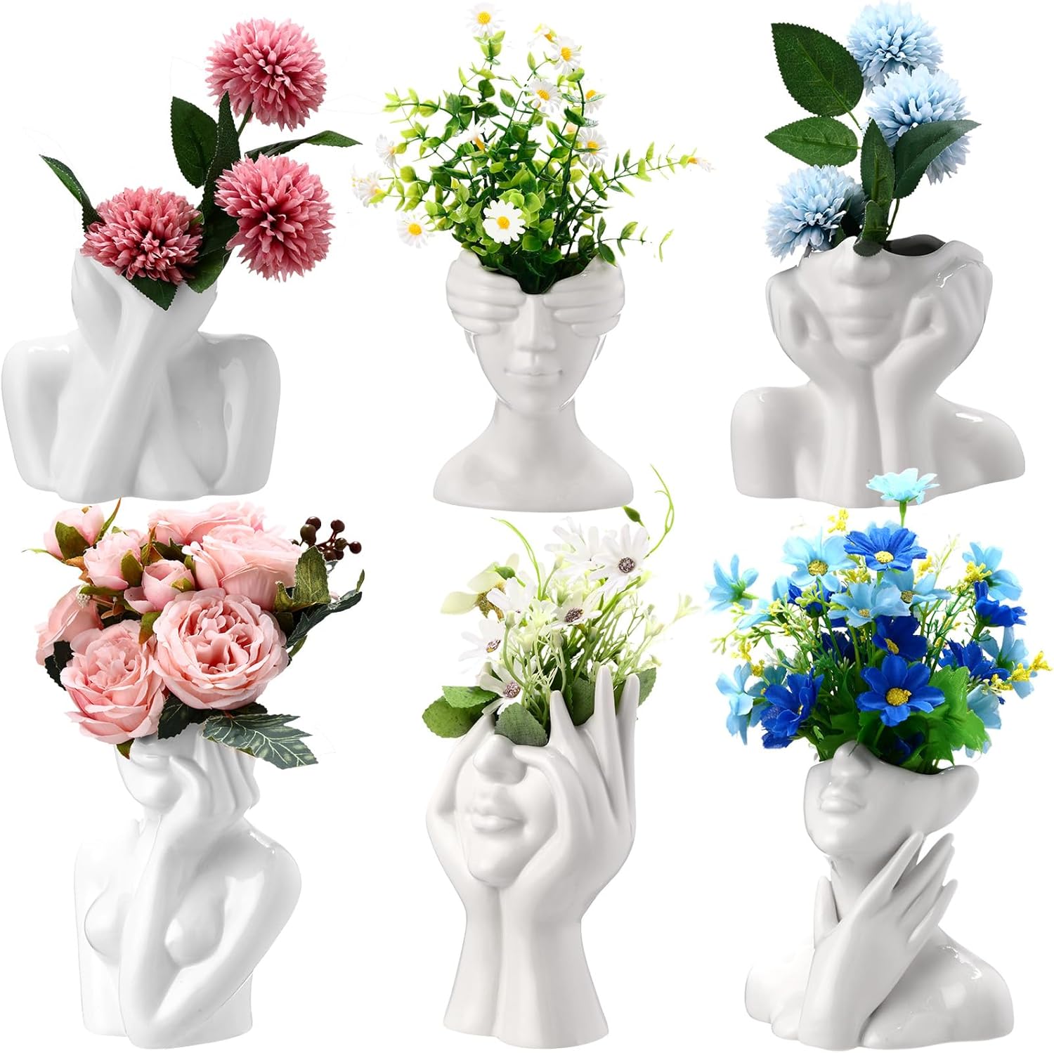 Amazon.com: Domensi 6 Pieces White Ceramic Face Vase for Flowers Female ...