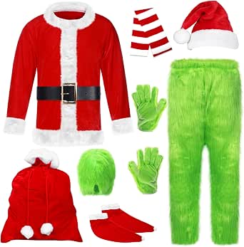 Amazon.com: Angenster Christmas Costume for Men, 7 Pcs Green Furry ...