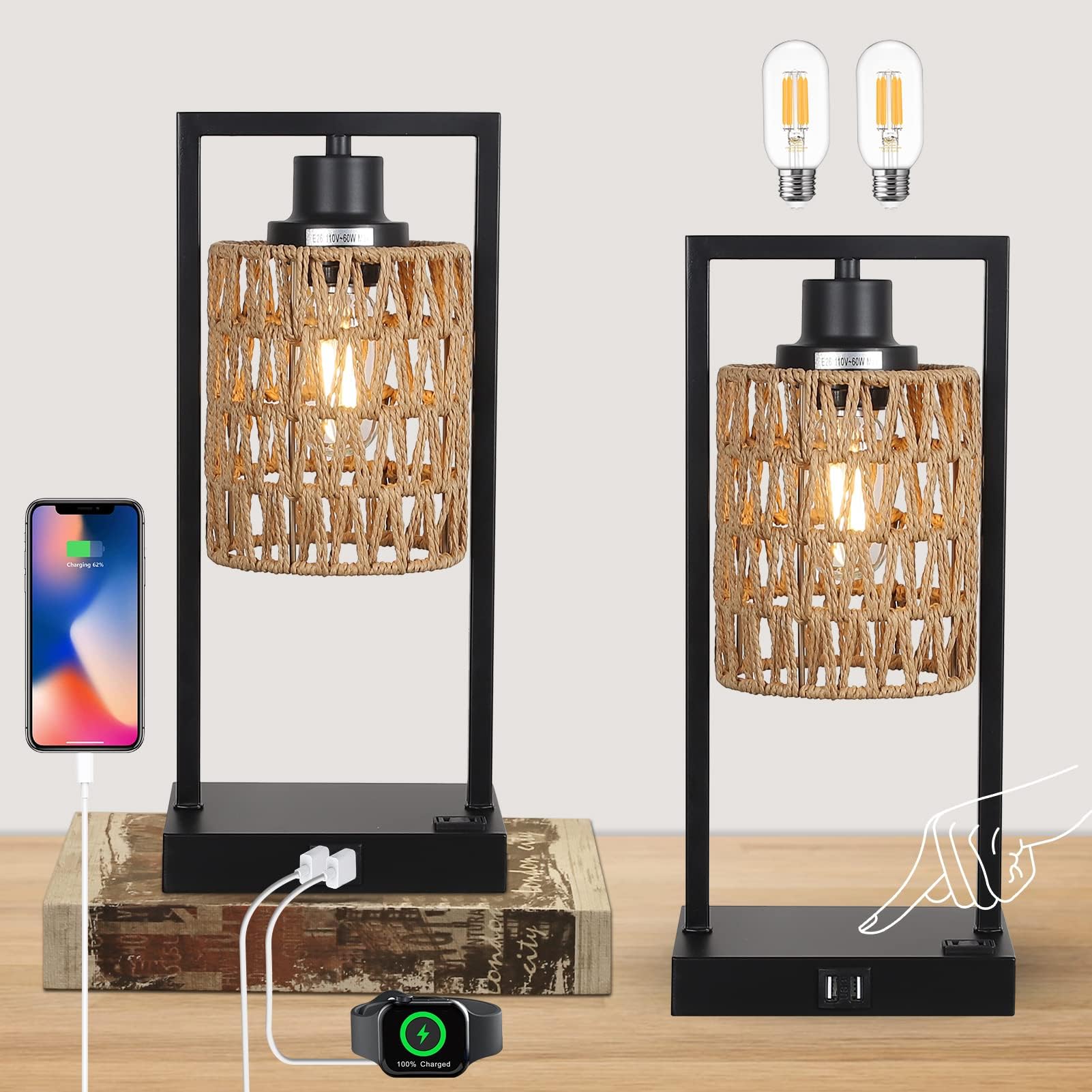 Stepeak Boho Table Lamps Set of 2, Touch Control Bedside Lamps, Small ...