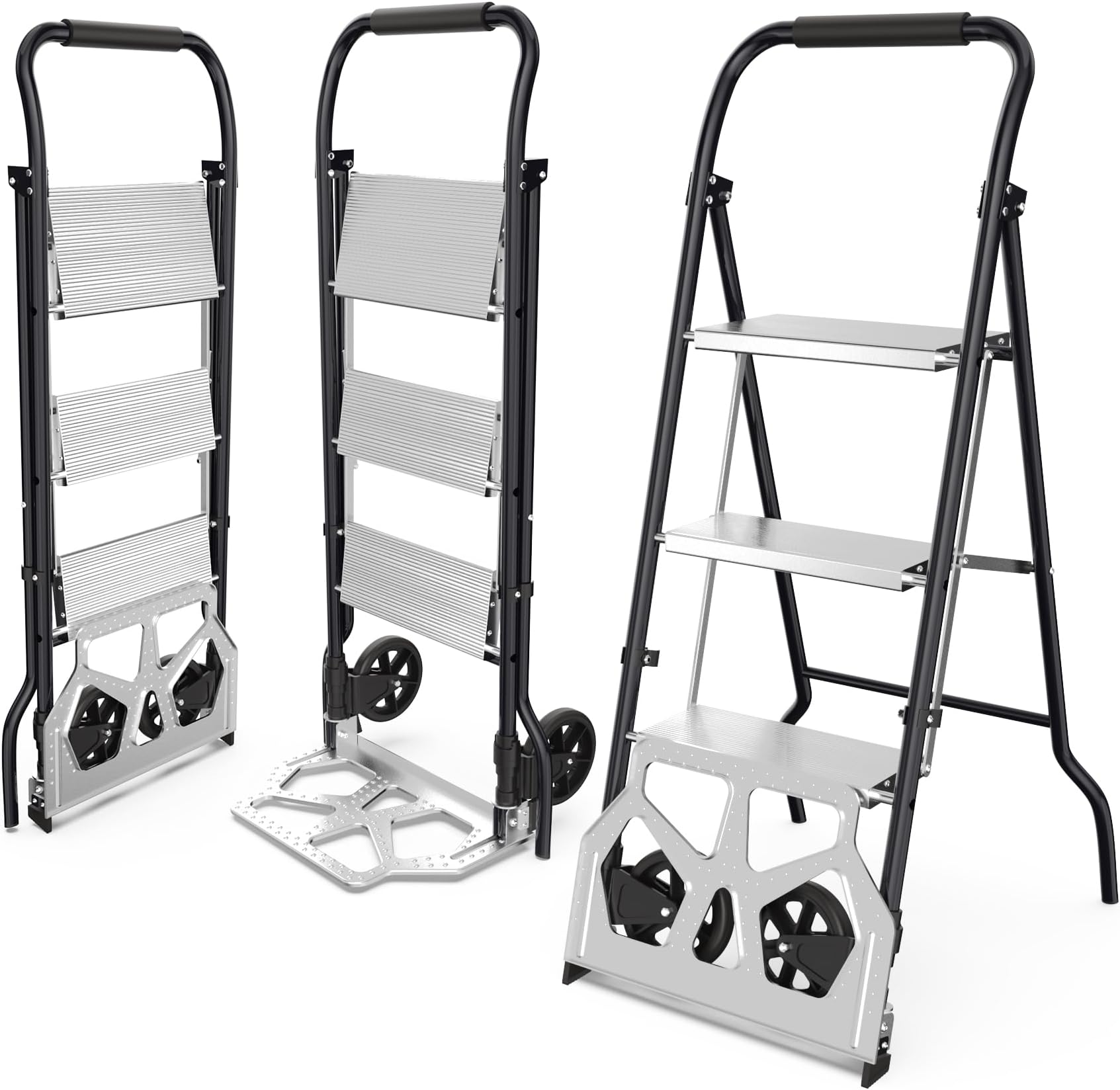 2-in-1 Folding Hand Truck & 3-Step Ladder – 220 lbs Capacity Dolly Cart ...