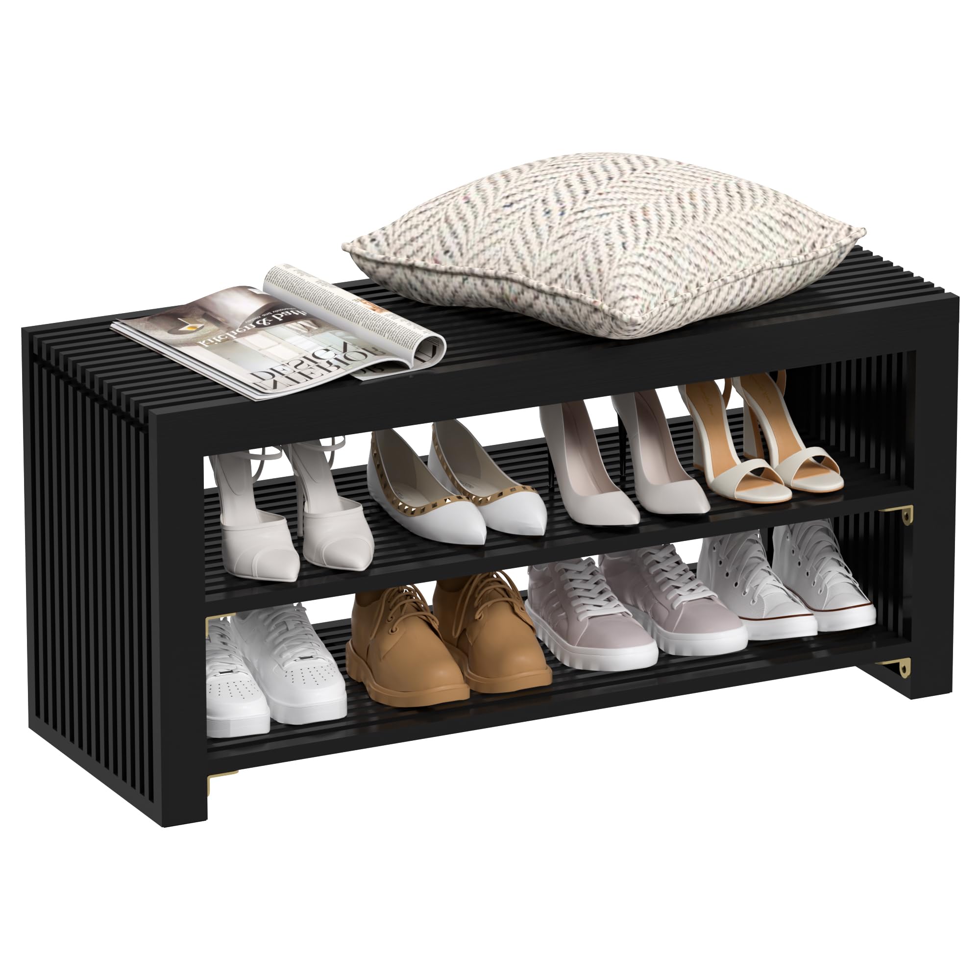 3-Tier Bamboo Shoe Rack Bench Long Shoe Storage Organizer Bench ...