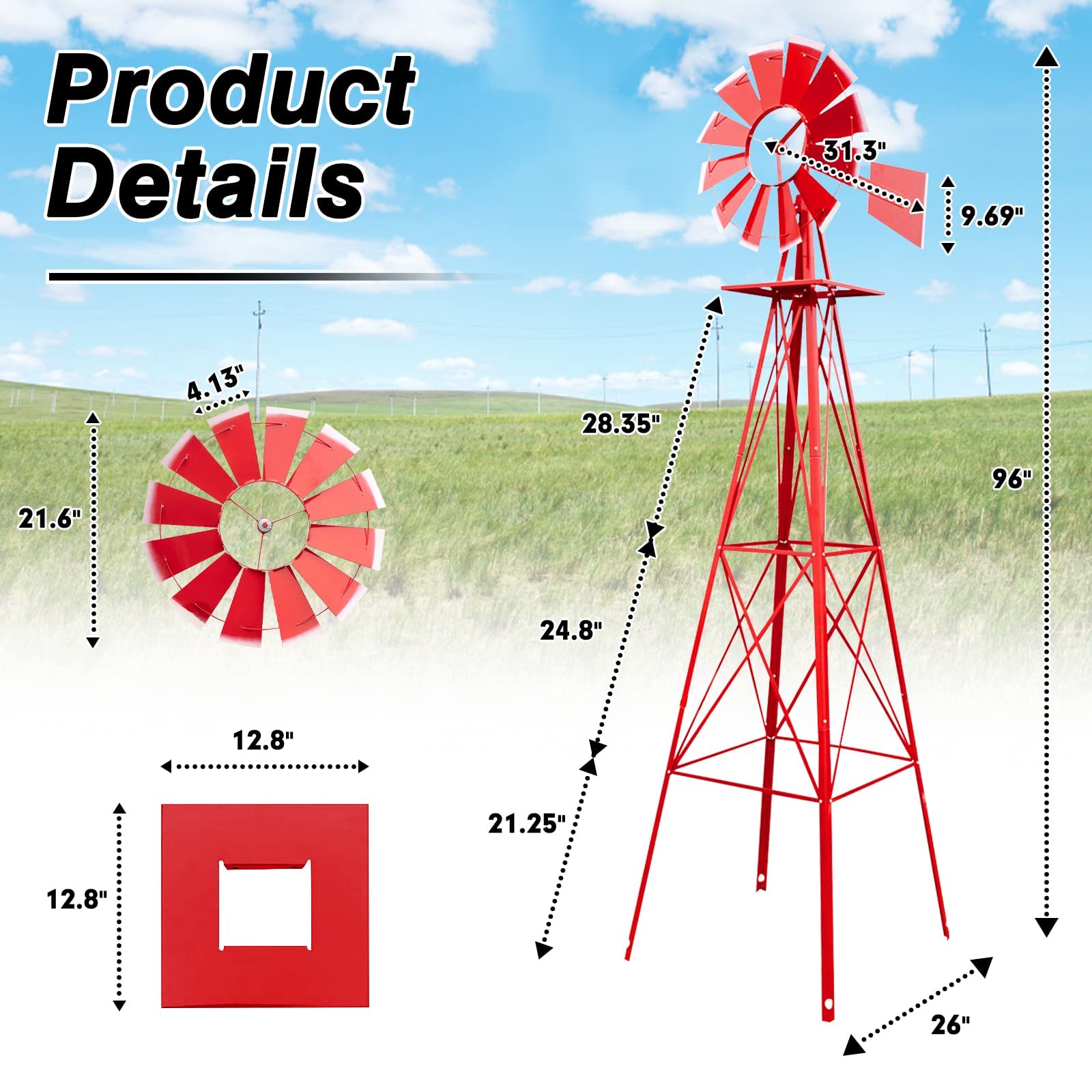 8FT Ornamental Wind Mill Backyard Garden Heavy Metal Weather Vane 4 ...
