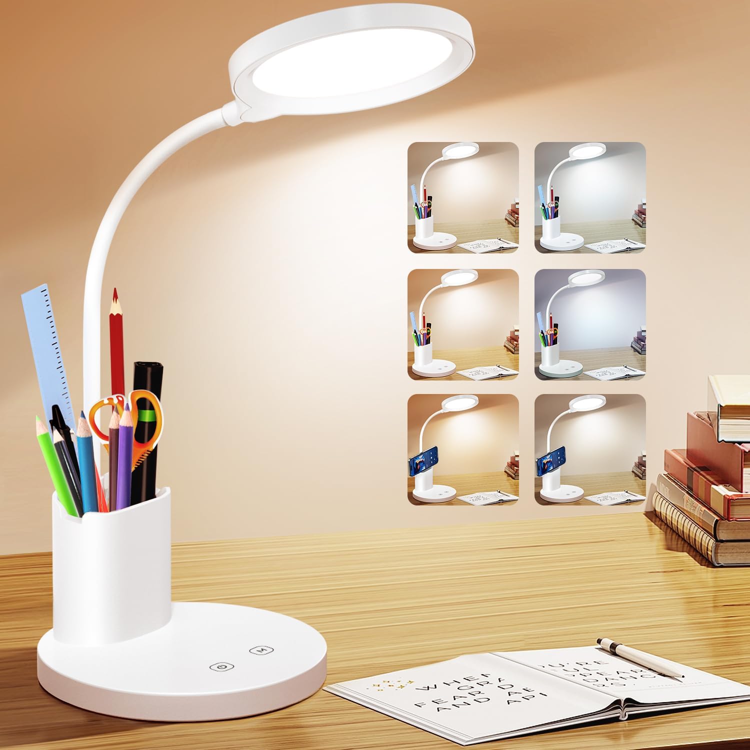 Hifireelf Desk Lamp,Eye-Caring Table Lamp 6 Light Modes and Stepless ...