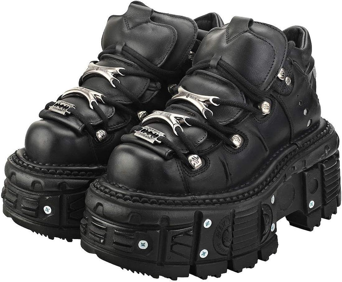 Amazon.com | New Rock Ankle Boots M-TANK106-C2 Unisex Metallic Black 100% Leather Goth Emo Rock ...