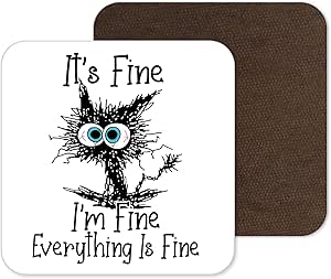 Coaster Cat Its Fine I'm Fine Everything is fine joke Gift Work Office ...