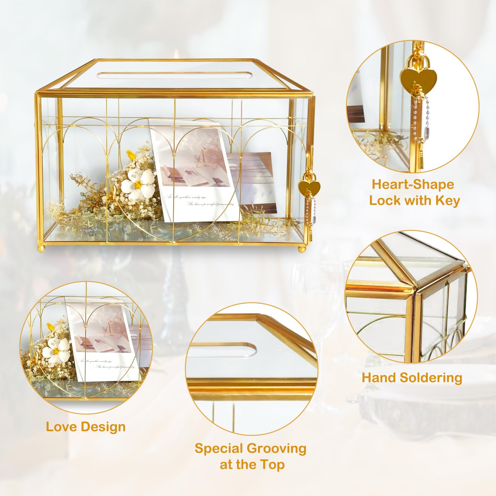 ZOZBIUNO 12.6 inches Gold Wedding Card Box with Lock and Slot Large ...