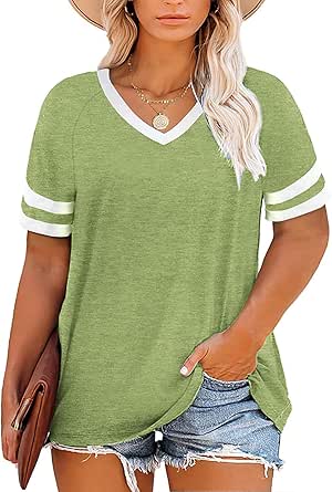 Haloumoning Plus Size Tops for Women Short Sleeve T Shirts Casual V ...