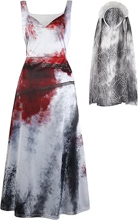 Amazon.com: Women Zombie Bride Costume, 2Pcs Bloody Headband Veil Dress ...
