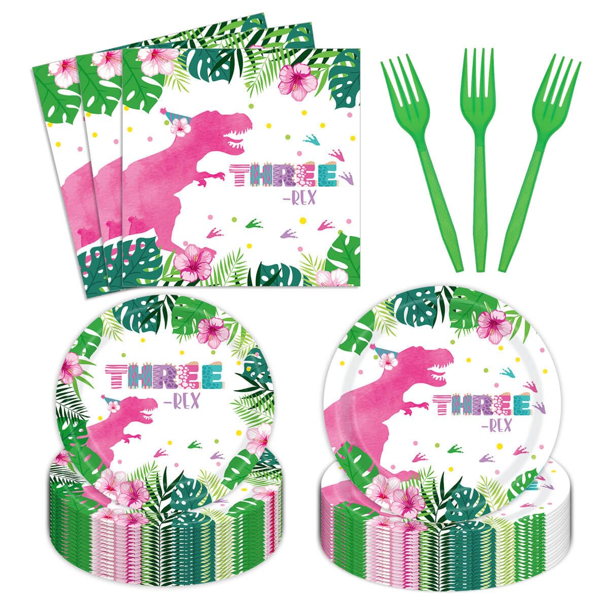 Amazon.com: 96PCS Pink Three Dino Rex Birthday Party Supplies Dinosaur ...