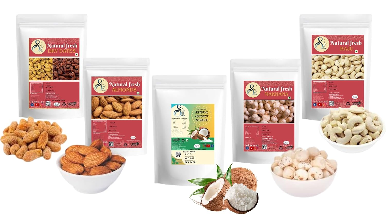 Dry Fruits Combo Pack of Almonds, Cashews, Dry Dates, Makhana, Coconut ...