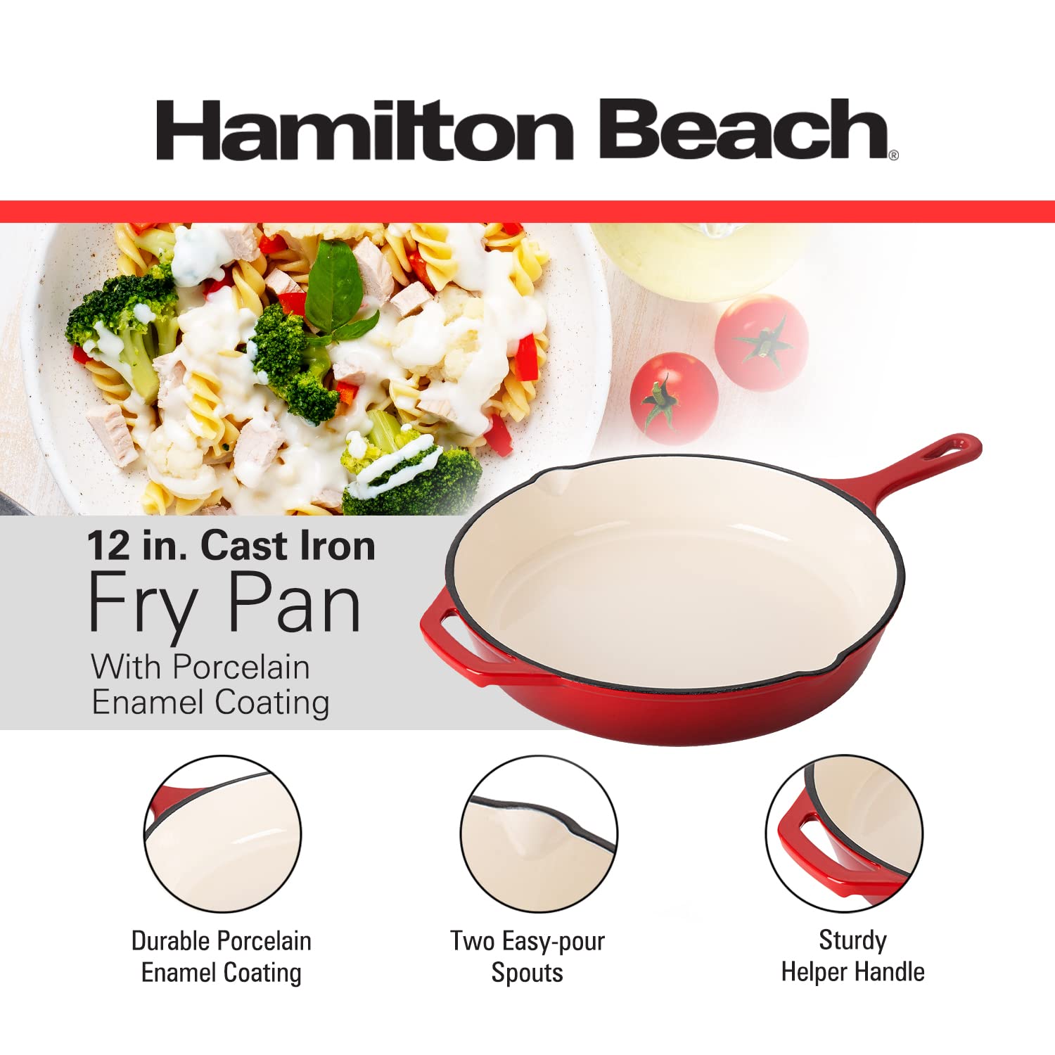 Snapklik.com : Enameled Cast Iron Fry Pan 12-Inch Red, Cream Enamel ...