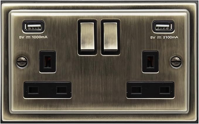 Antique Brass USB Double Wall Plug Socket 2 Gang 13A with 2 USB Charger ...