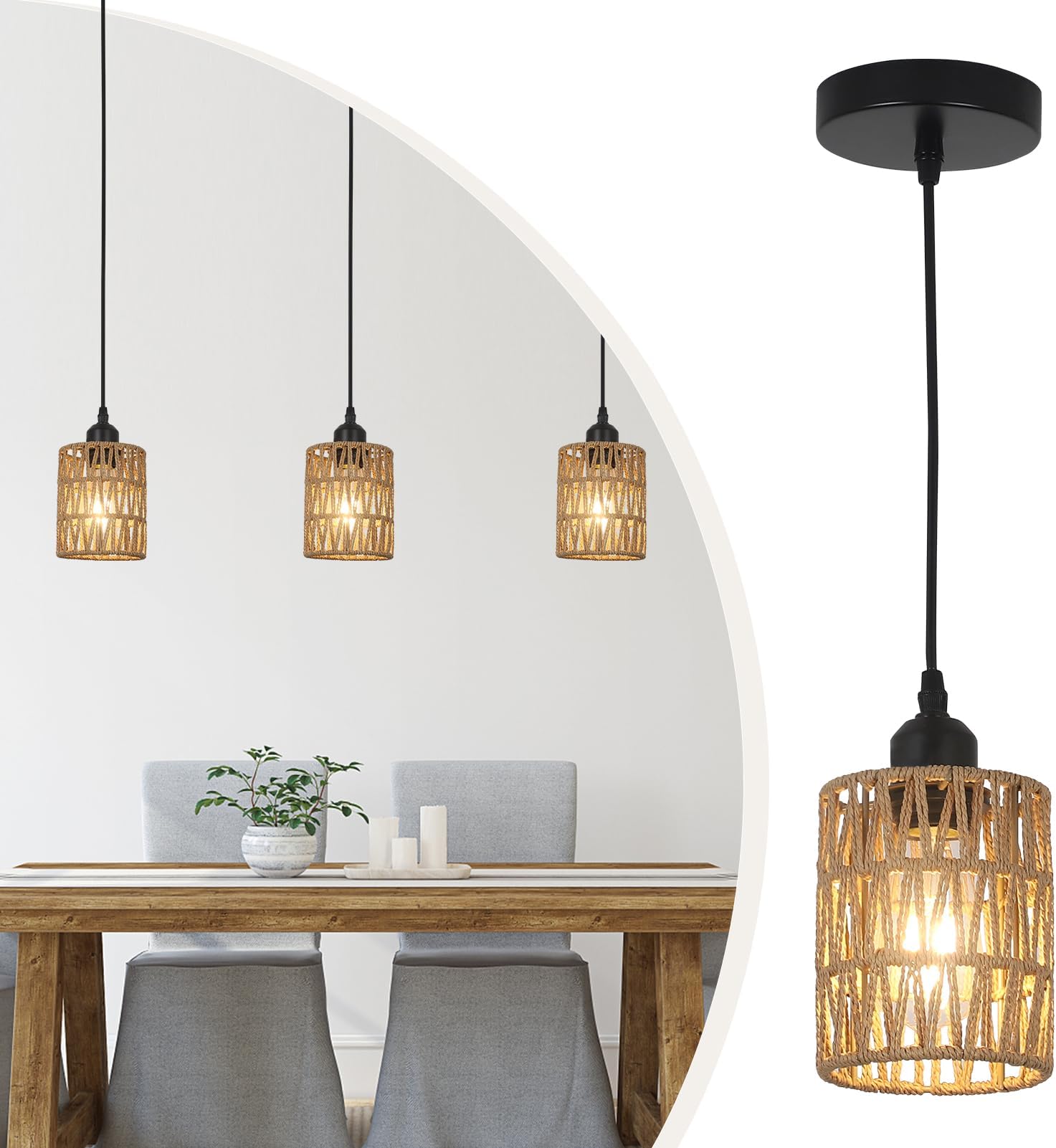 LAMSU 3 Pack Rattan Pendant Lights Kitchen Island, Farmhouse Pendant Lighting with Hand Woven ...