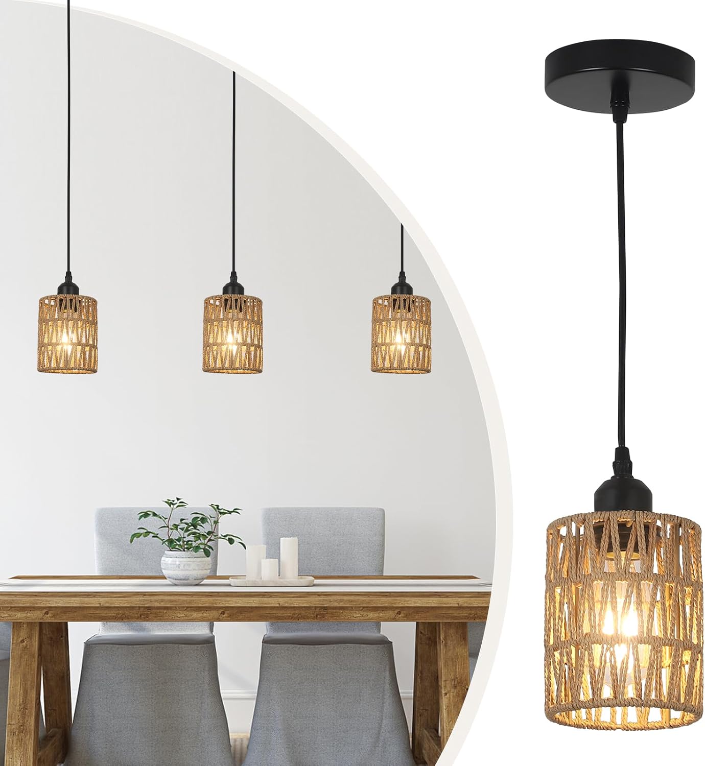 LAMSU 3 Pack Rattan Pendant Lights Kitchen Island, Farmhouse Pendant ...