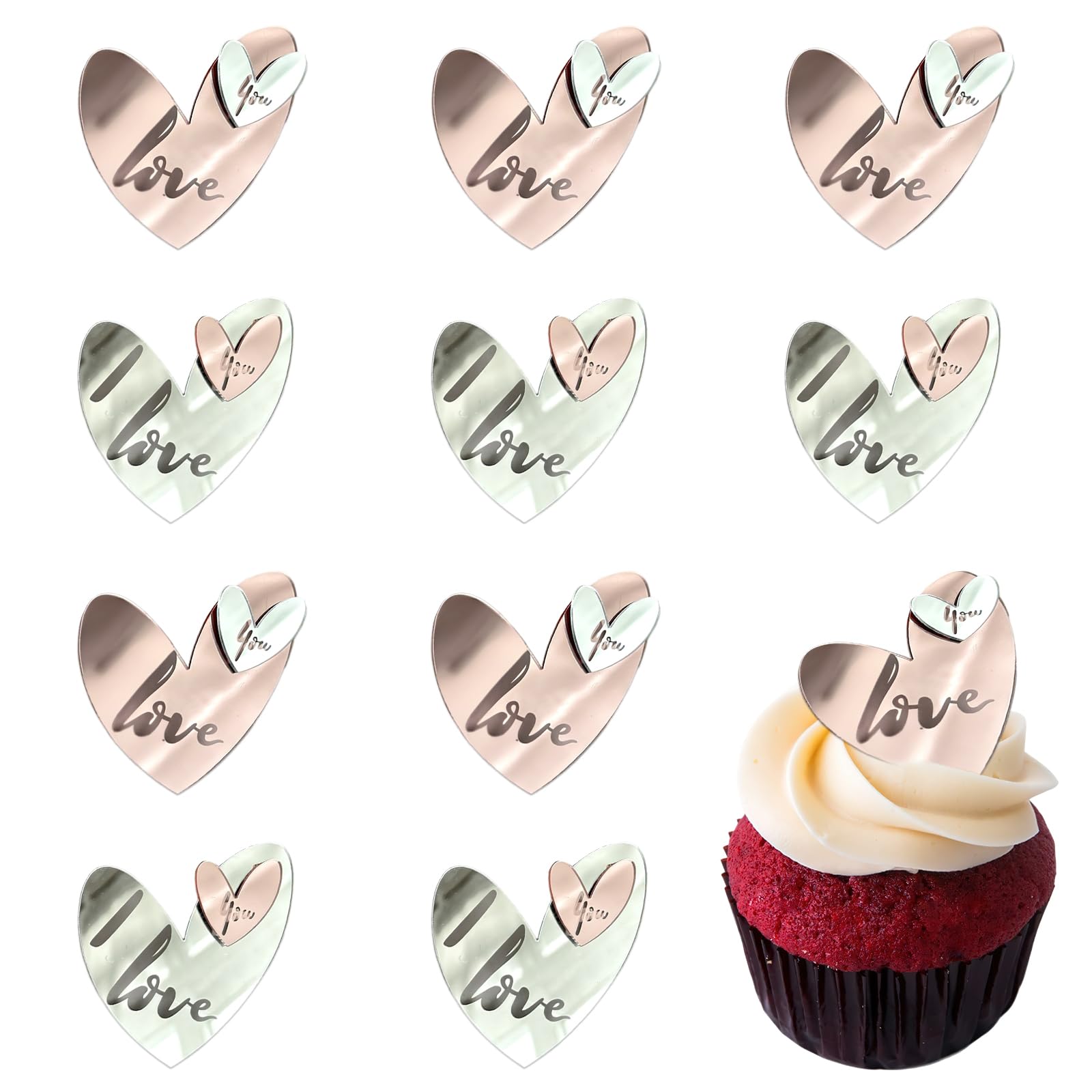 Amazon.com: 10 Pcs Acrylic Love Heart Cupcake Toppers Mirror Engraved I ...