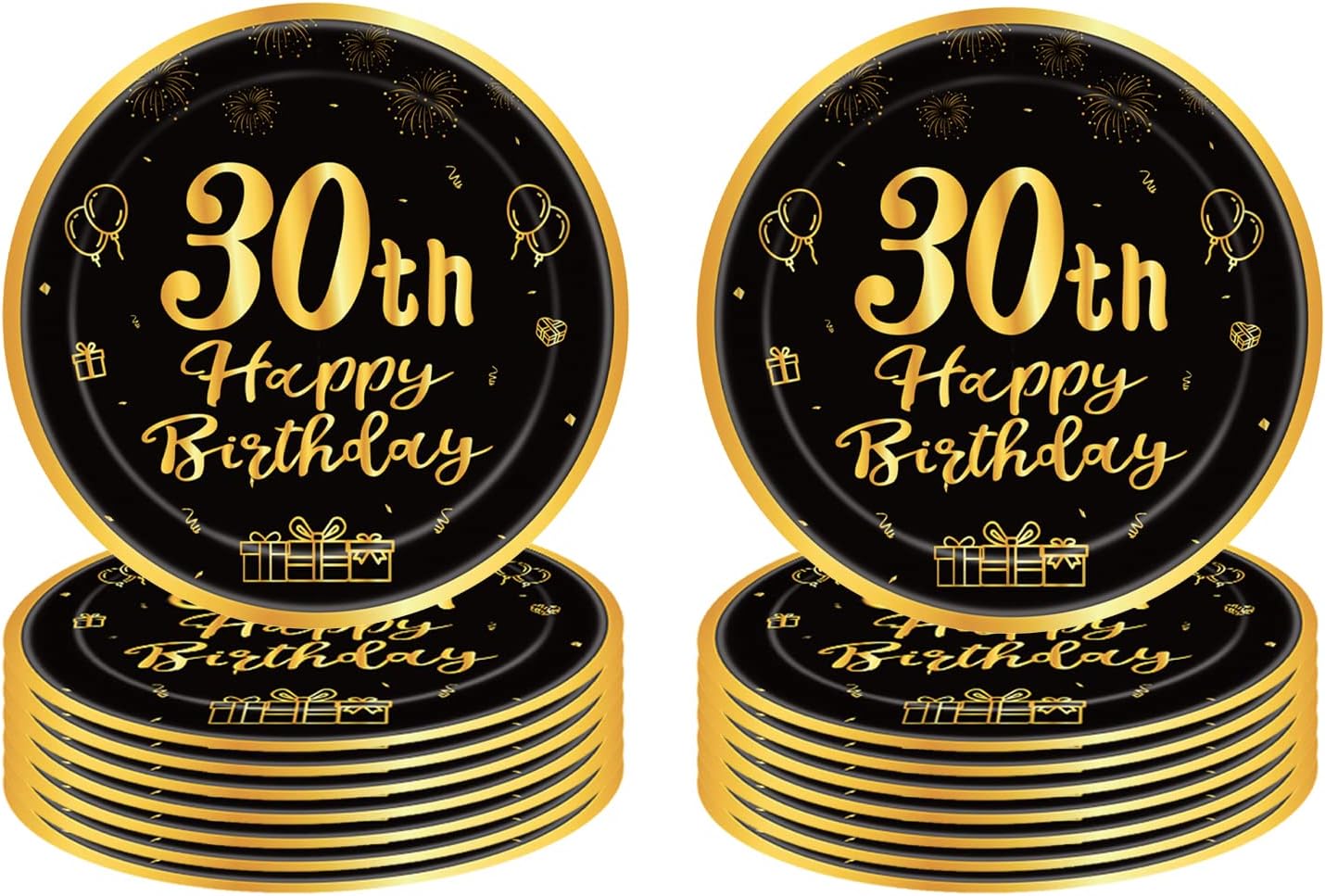 30th Birthday Paper Plates 9”Black and Gold Paper Plates,16Pcs ...
