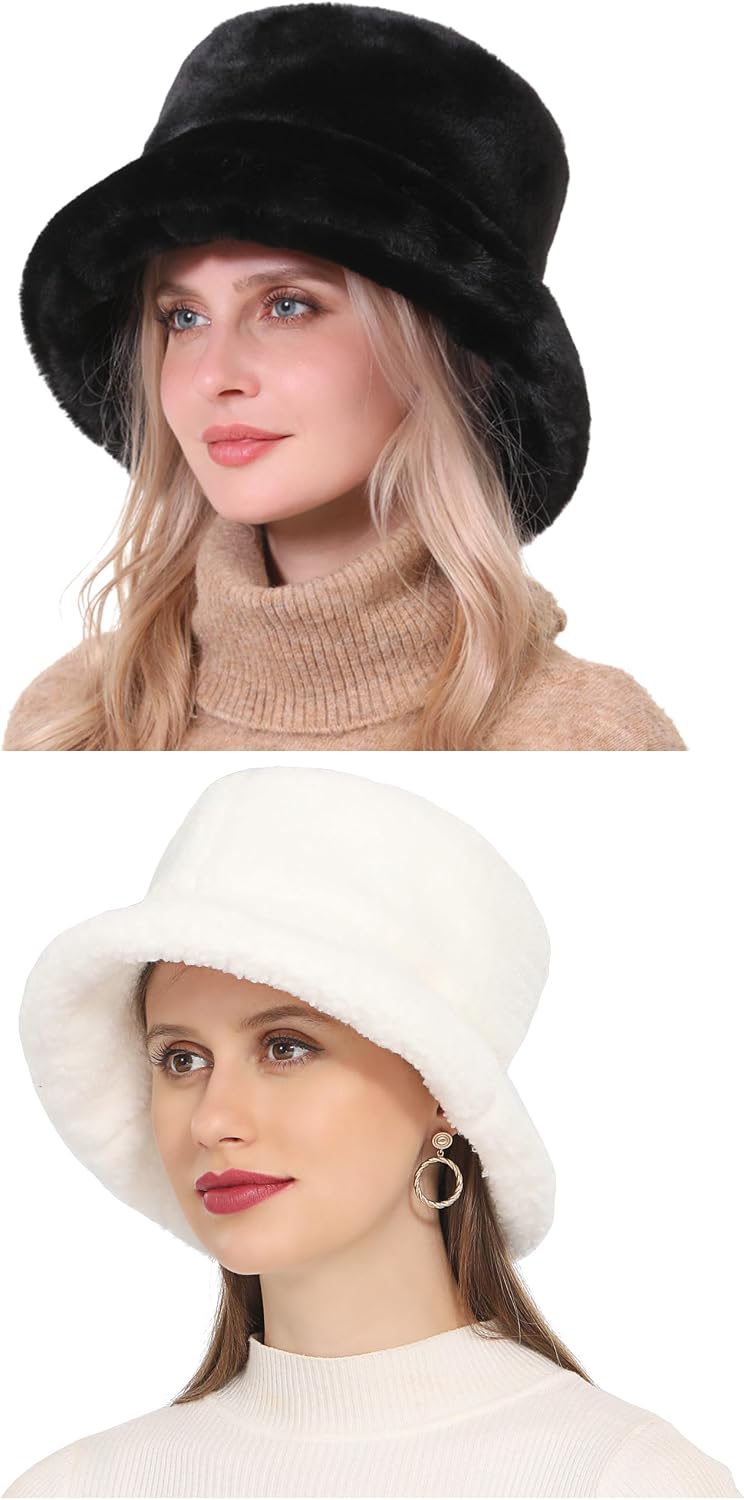 Amazon.com: Rulala Fancy Women' Faux Fur Bucket Hats Fluffy Wide Brim ...
