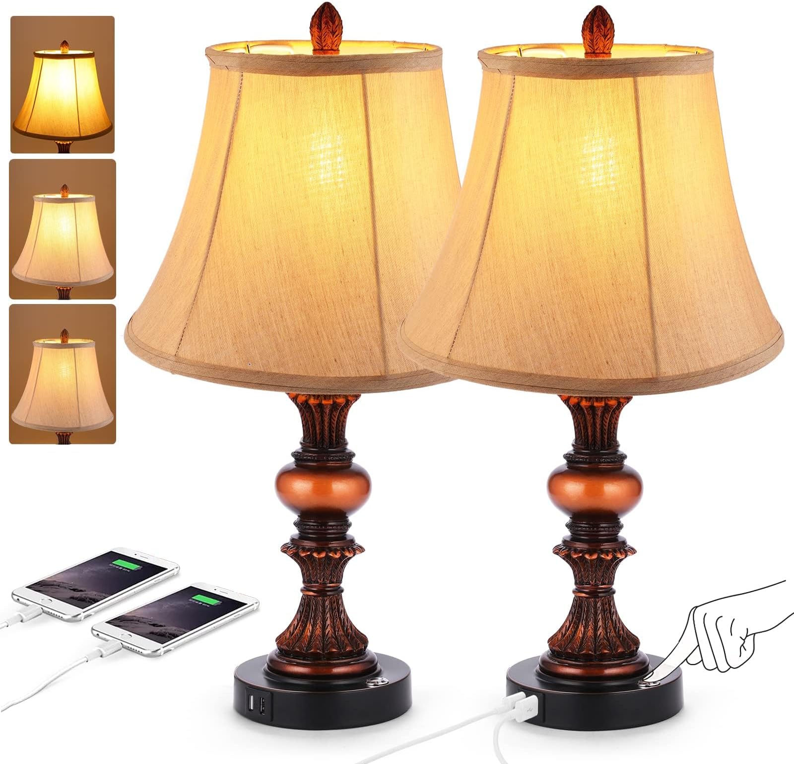 Bedside Lamp with Dual USB Port - Touch Control Table Lamp for Bedroom ...