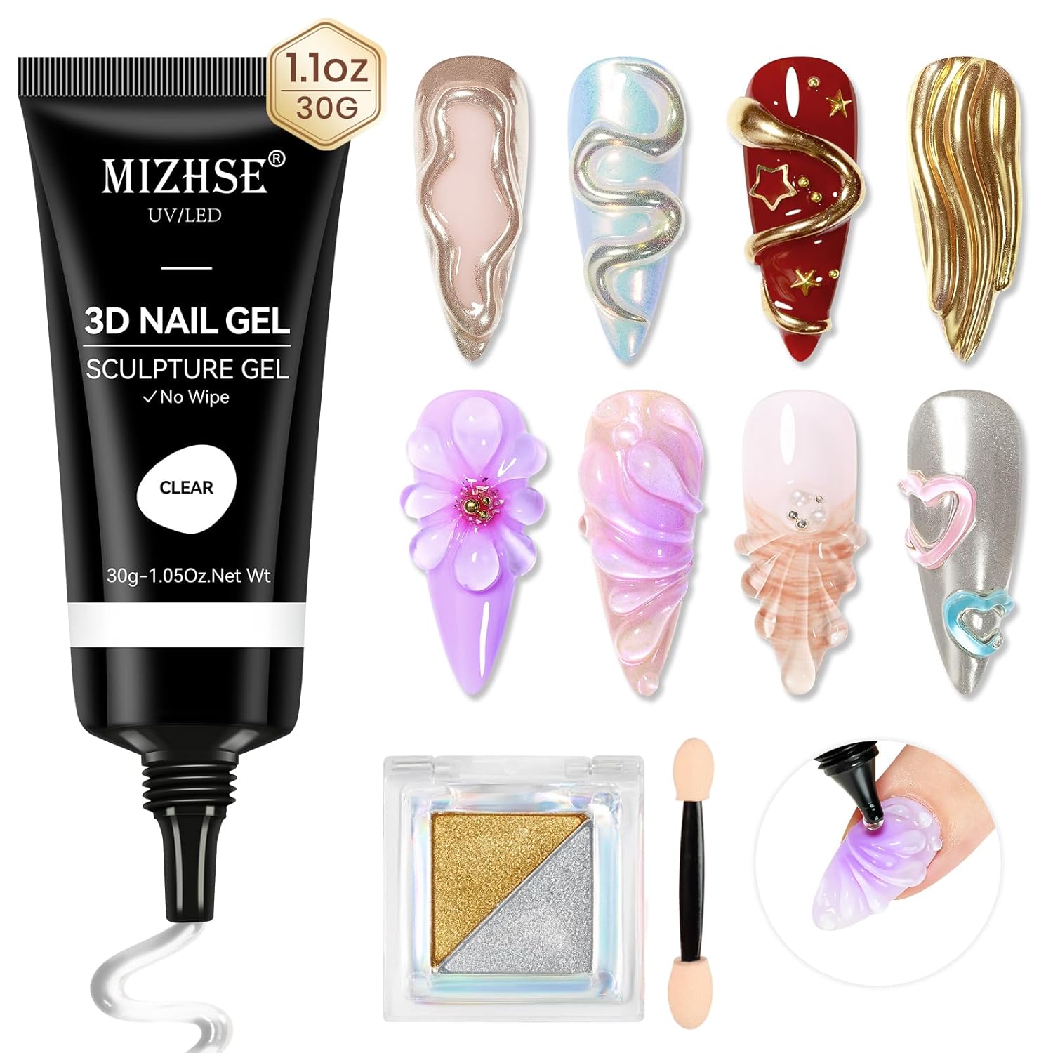 Amazon.com : MIZHSE 3D Nail Gel 30G Clear 3D Gel Nail Art 3D Sculpting Gel with Chrome Powder ...