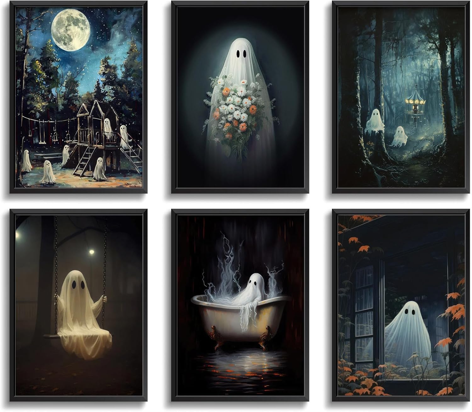 PLFKLI 6 Piece Funny Ghost Posters Vintage Halloween Posters Decor Cute ...