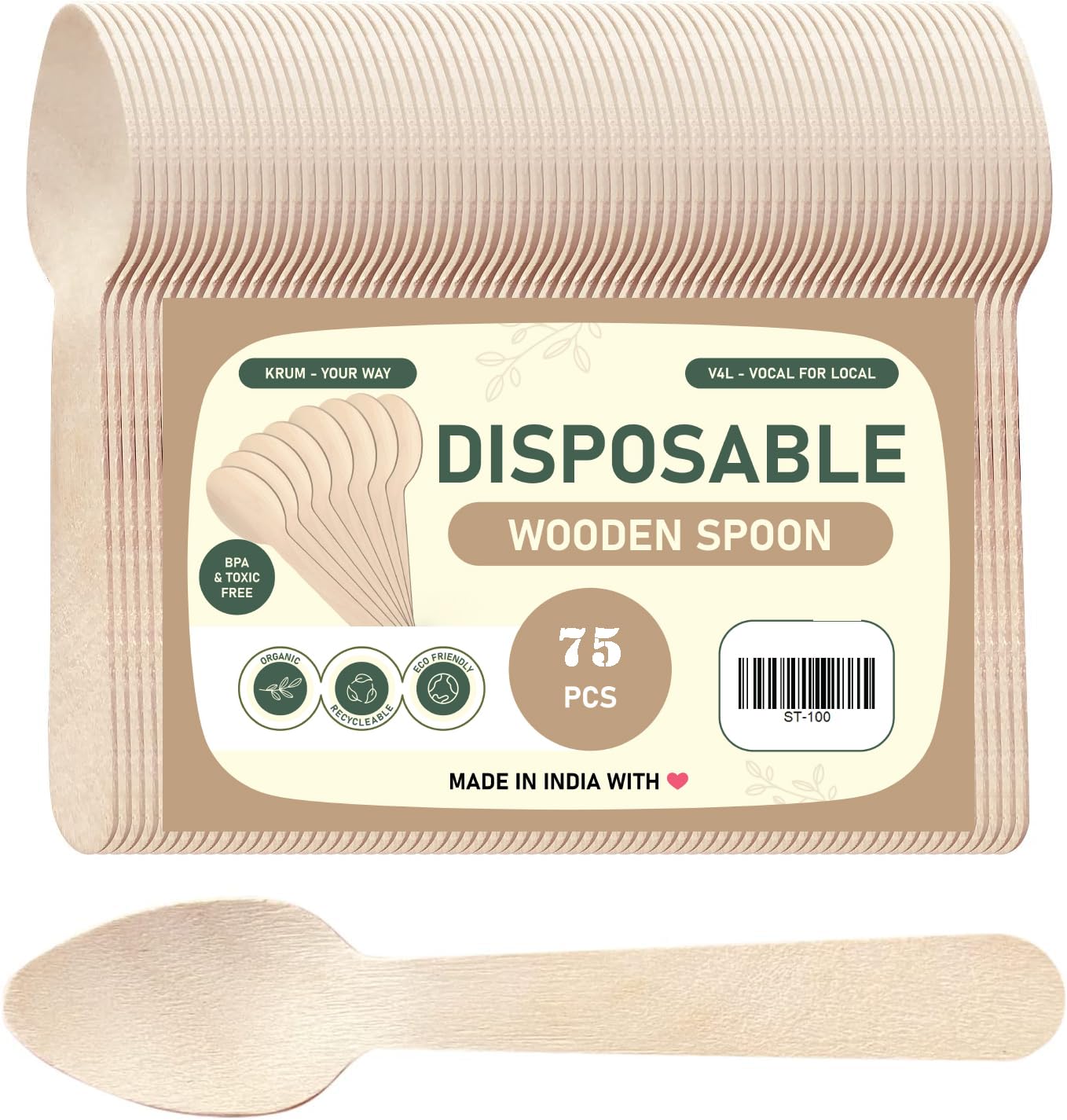 SSSG KRUM Wooden Spoons 75 Pack 160mm / 6.3 inch Spoons, Biodegradable ...