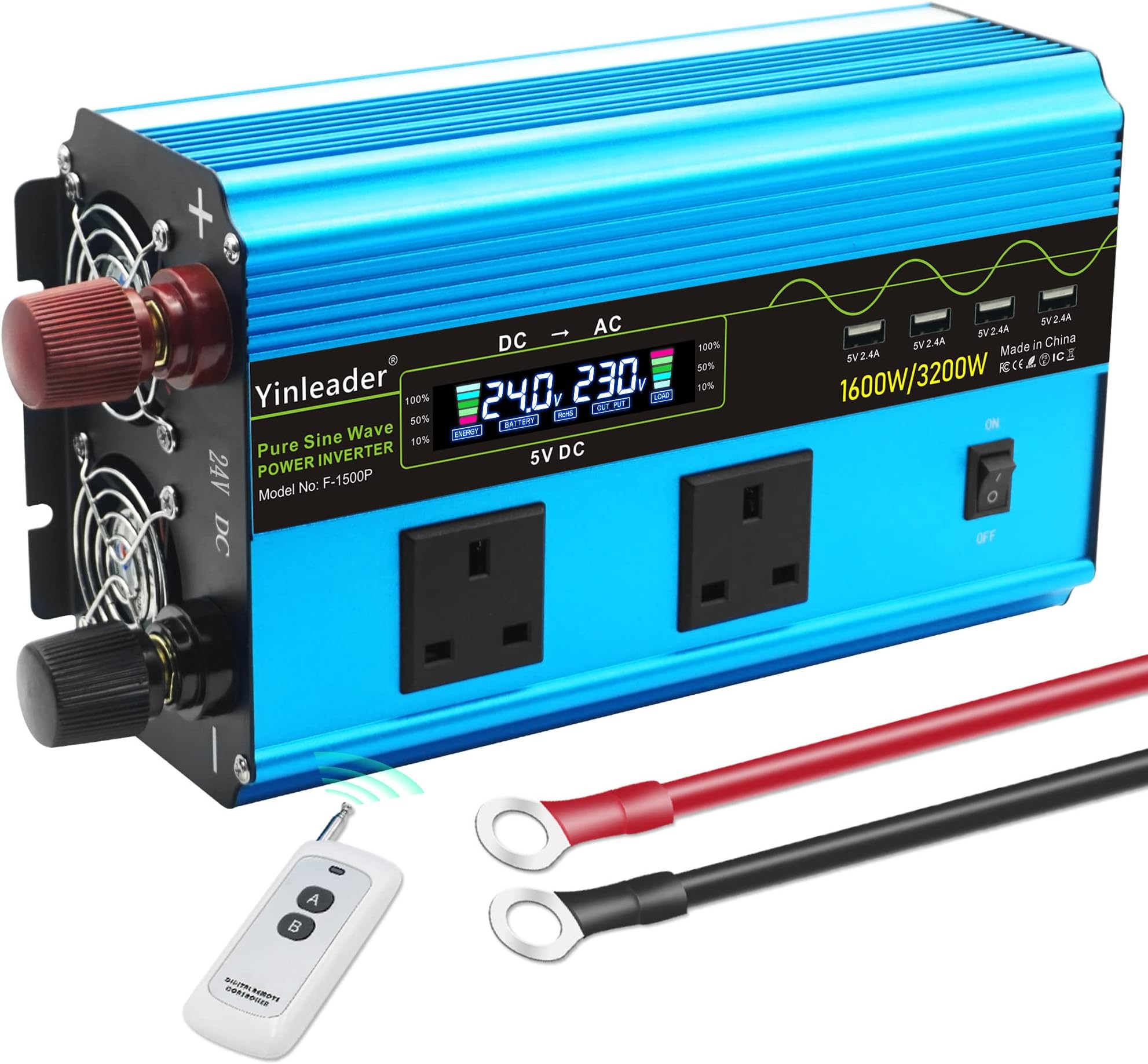 Yinleader Pure Sine Wave Power Inverter 1600W /3200W Converter DC 24V ...