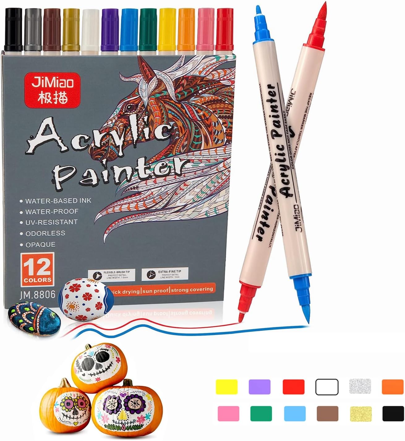 Alitastro Paint Pens Acrylic Markers - 12 Colors Brush Tip Water Based ...