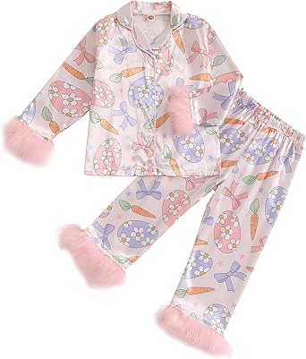 Amazon.com: Kavousa Kids Toddler Girl Easter Pajamas Bunny&Bow Button ...