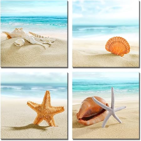 Amazon.com: Hardy Gallery Beach Seashell Starfish Wall Art: Blue Ocean ...