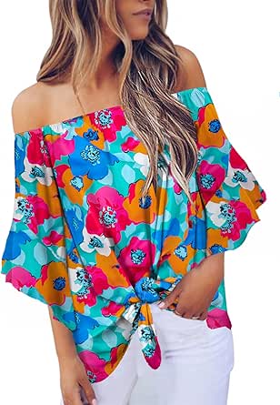 Asvivid Cute Tops for Women Sexy Off The Shoulder Floral Printed Front ...