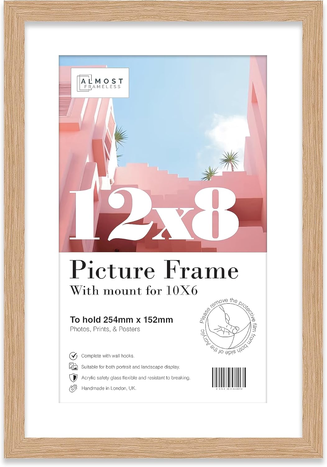 Almost Frameless 12x8 Oak Picture Frame With Mount for 10x6 Print ...