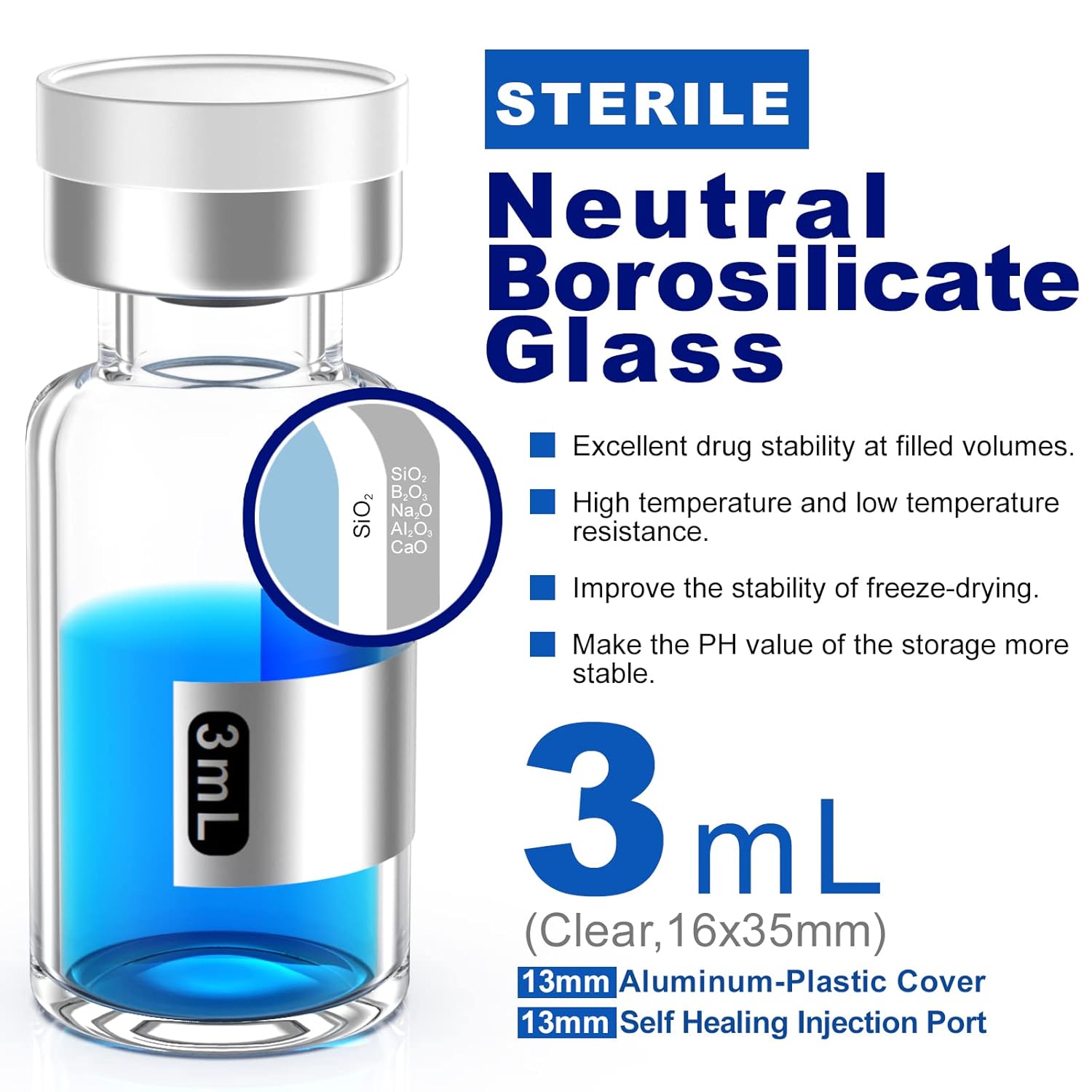 Biomed Solutions Vial estéril vacío sellado con tapón de goma de butilo ...