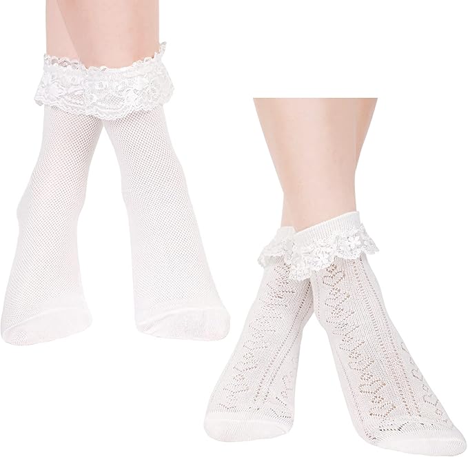 Geyoga 2 Pairs Women Ruffle Socks Soft Lace Trim Ankle Socks White ...