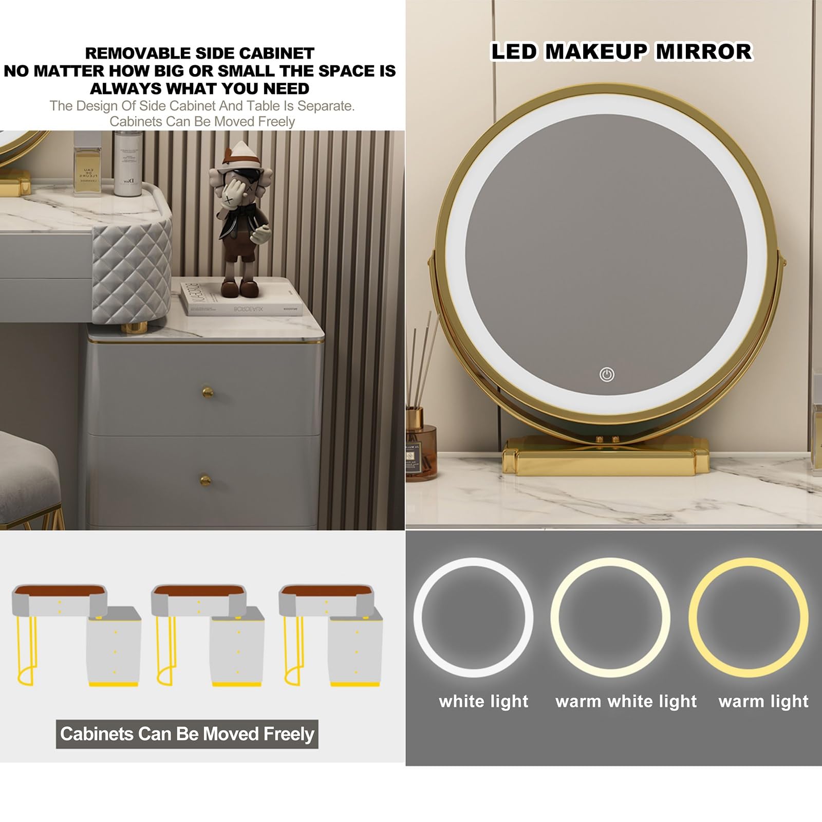 WANGHAI-666 バニティデスク モダンバニティデスク、鏡と広々とした引き出し付きメイクアップバニティ、キャビネット付きメイク