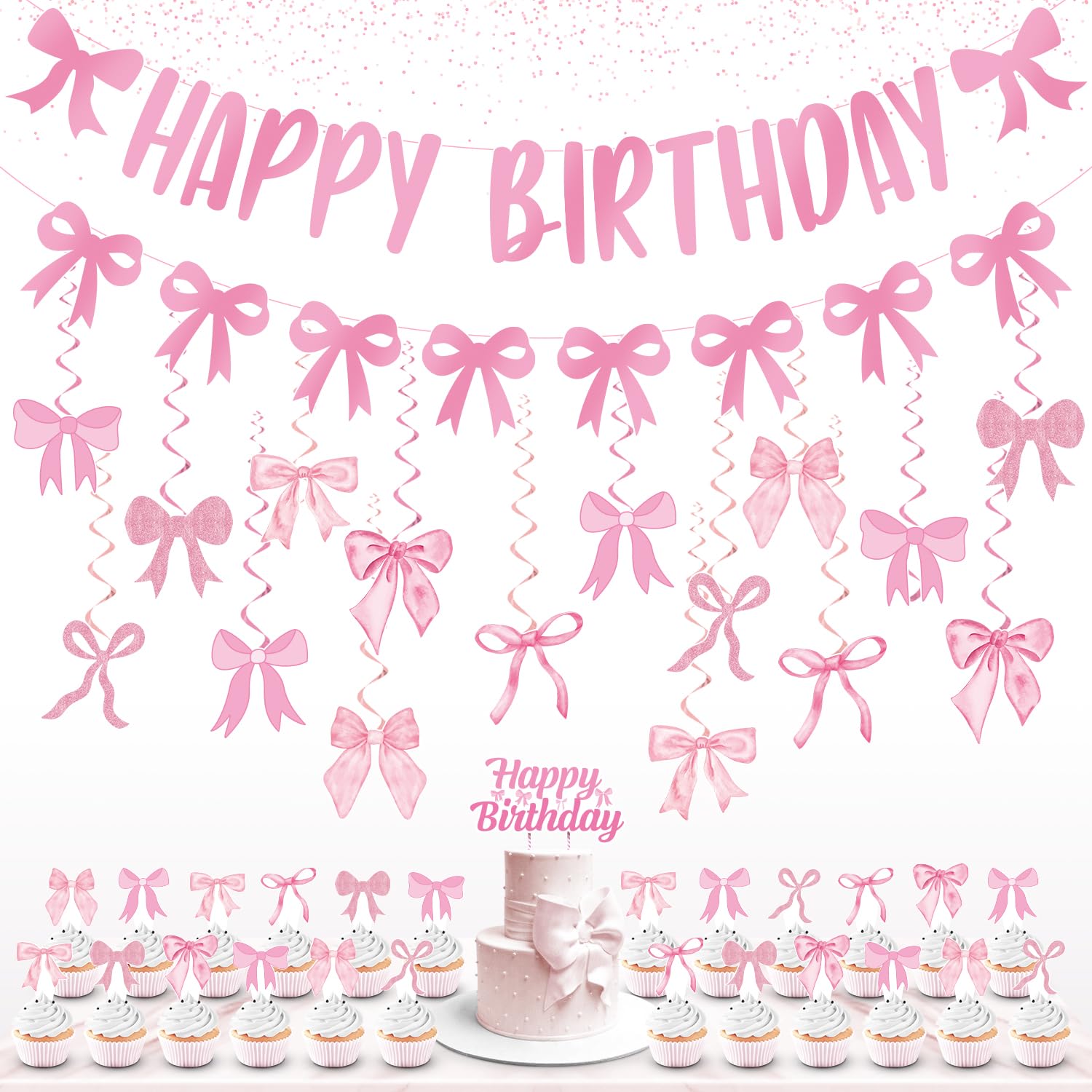Amazon.com: Pink Bow Birthday Decorations for Her, 64Pcs Coquette ...