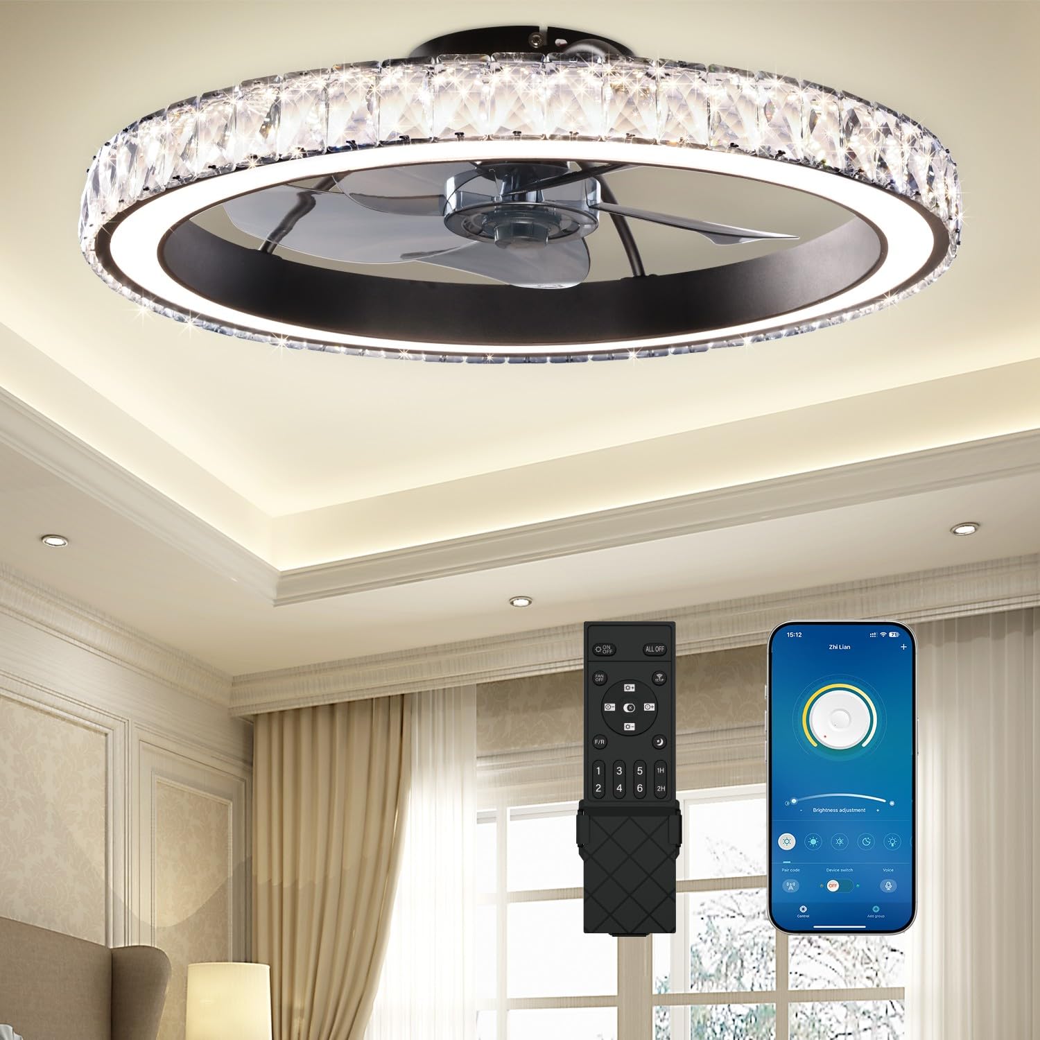 Snapklik.com : Aipsun Low Profile Modern Crystal Chandelier Ceiling Fans