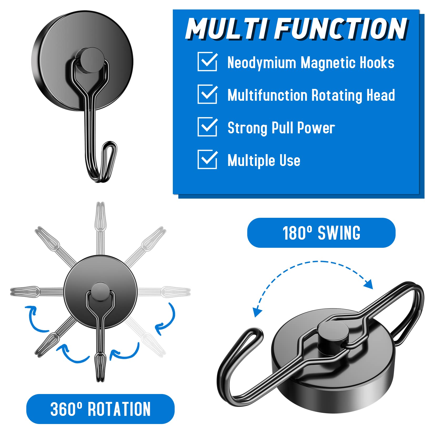 Snapklik.com : Grtard 8Pack Black Swivel Swing Magnetic Hooks 110LBS ...