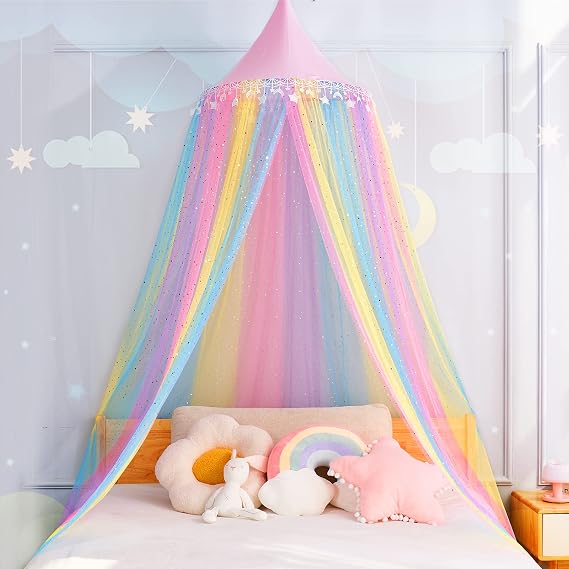 Amazon.com: MOOZHEALTH Rainbow Bed Canopy for Girls,Shiny Kids Princess ...
