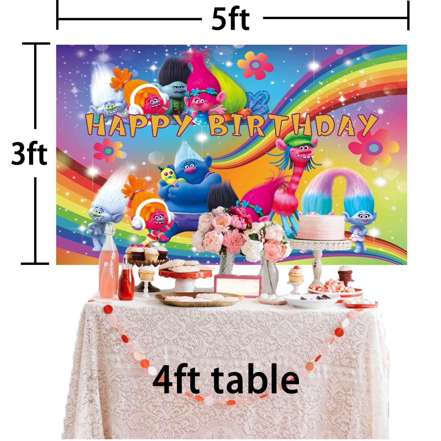 YouRan Trolls Happy Birthday Backdrop 5x3ft Pink Poppy Rocker Queen ...