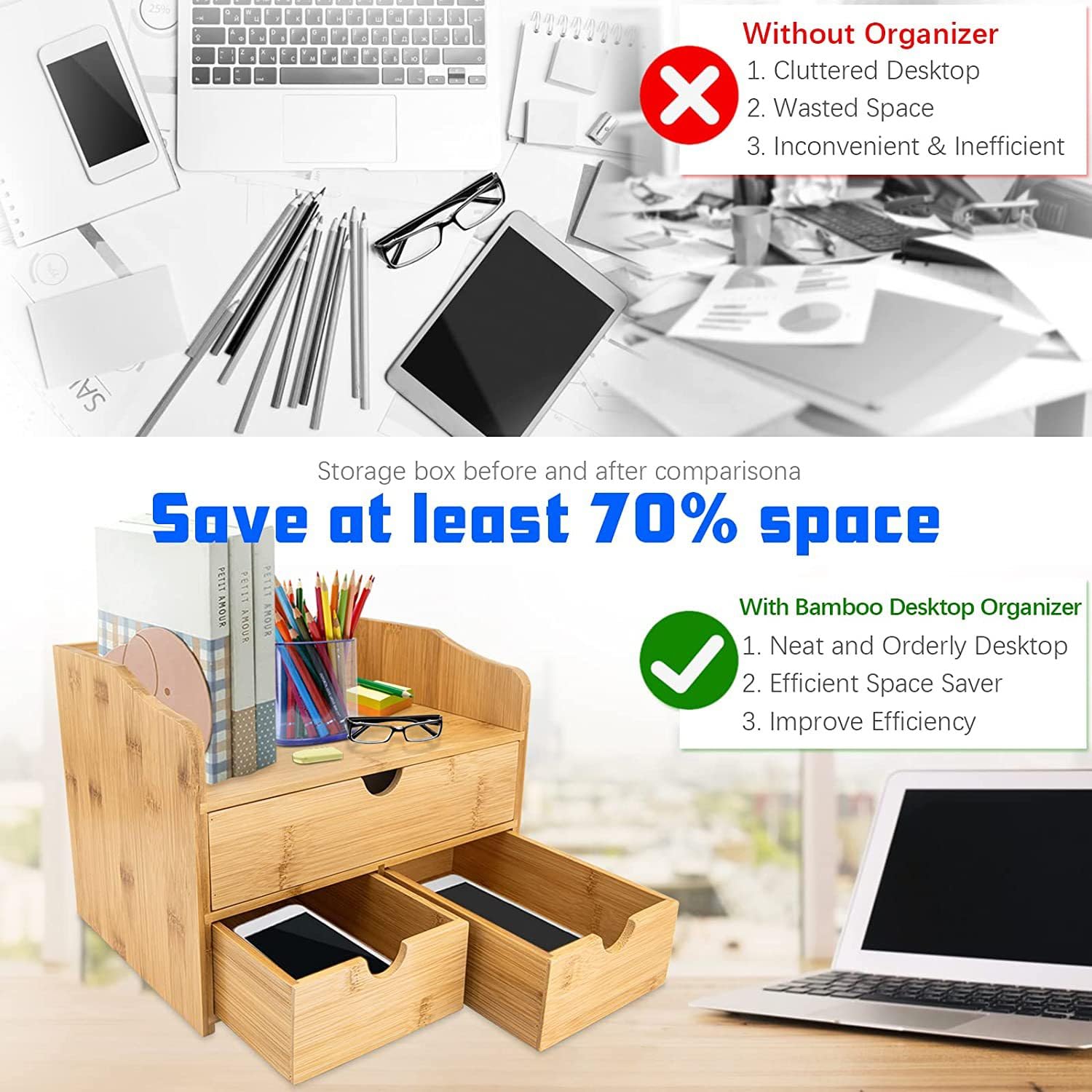 Bamboo and Wood Desk organizer,Storage drawers for Office,No Assembly ...