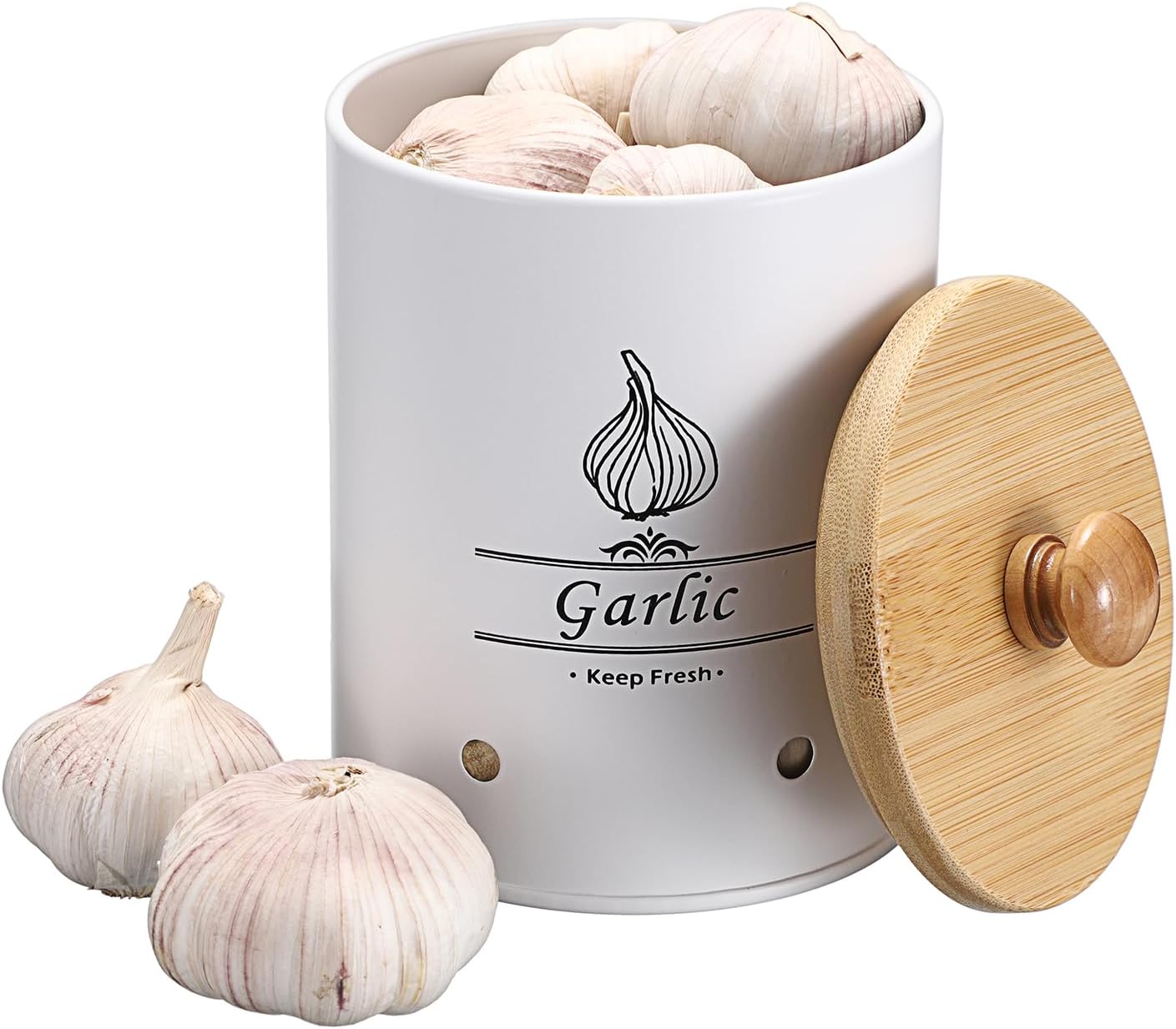 SUMTree Garlic Keeper with Wooden Lid, Garlic Holder Storage Container ...