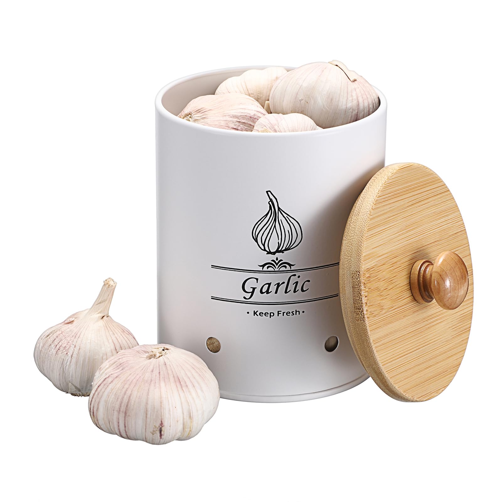 SUMTree Garlic Keeper with Wooden Lid, Garlic Holder Storage Container ...