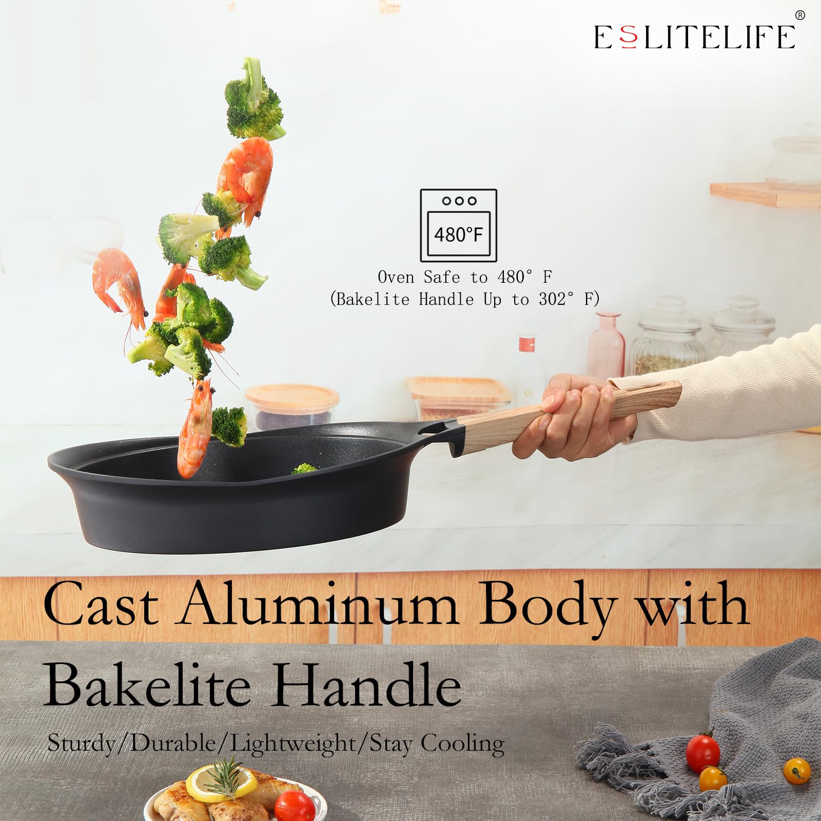 ESLITE LIFE Nonstick Deep Frying Pan Skillet Set with Lids, Healthy ...