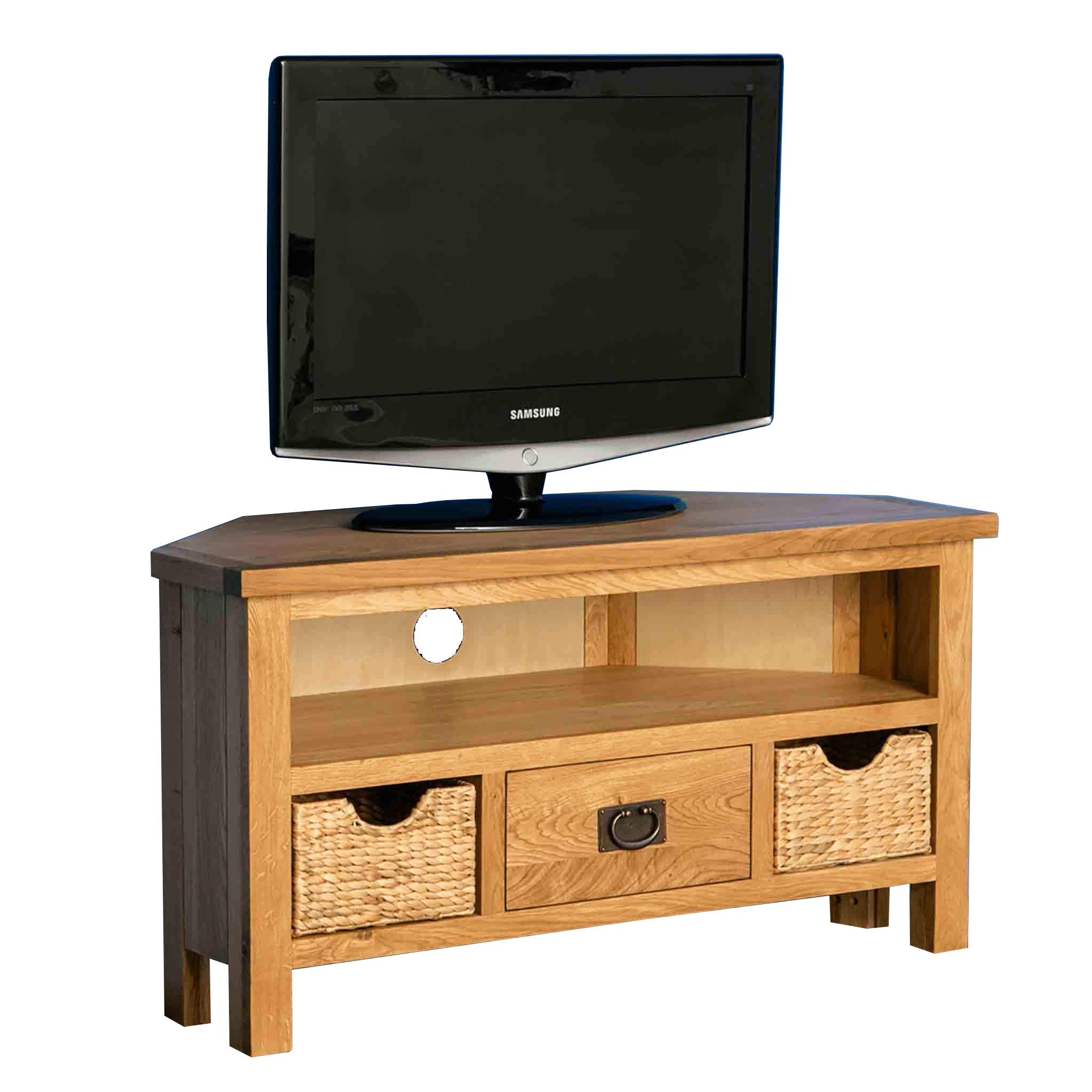 Surrey Oak Corner TV Unit with Baskets | Traditional Rustic Waxed 100 ...