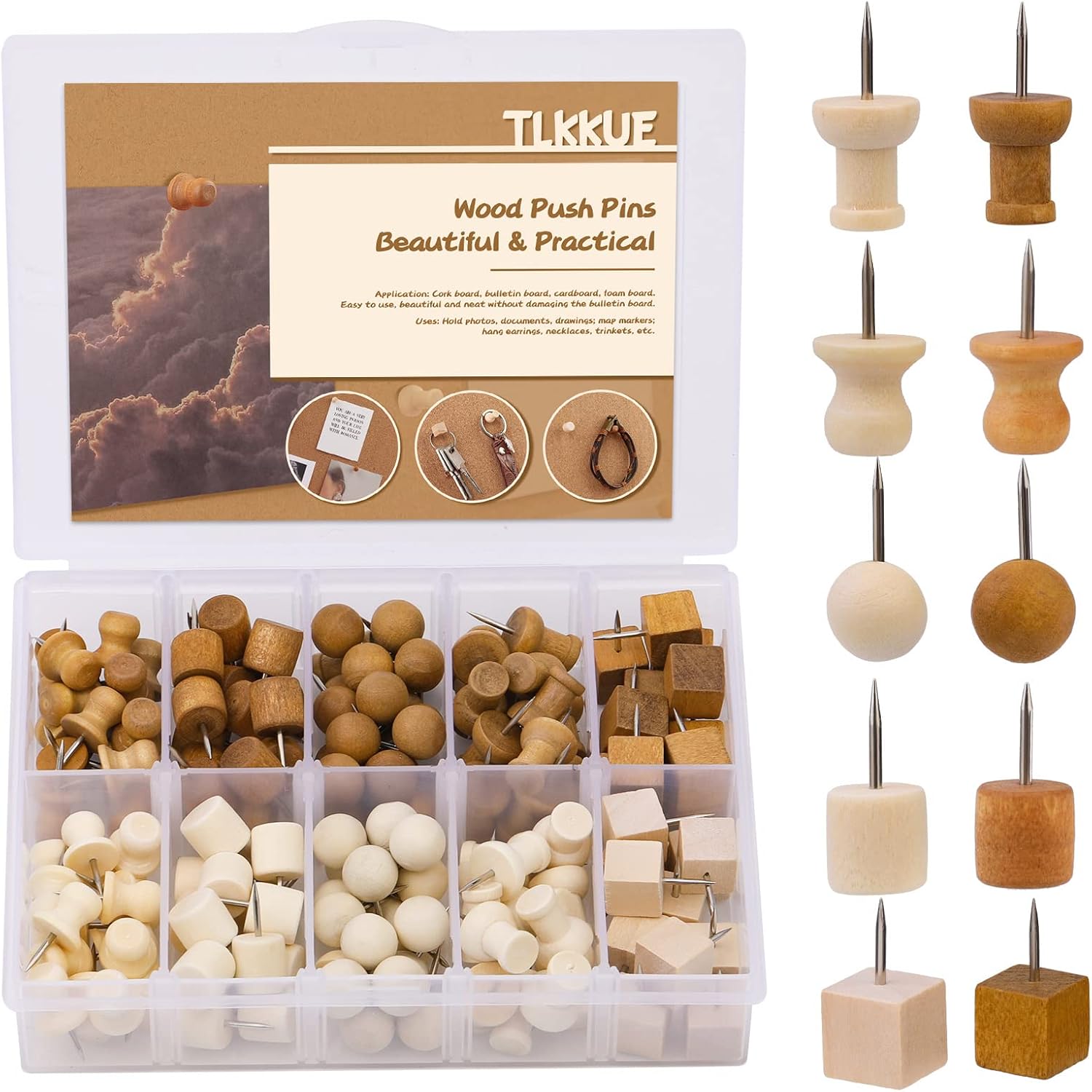 Amazon.com: TLKKUE 140 Pieces Push Pins, 5 Style Wood Push Pins ...