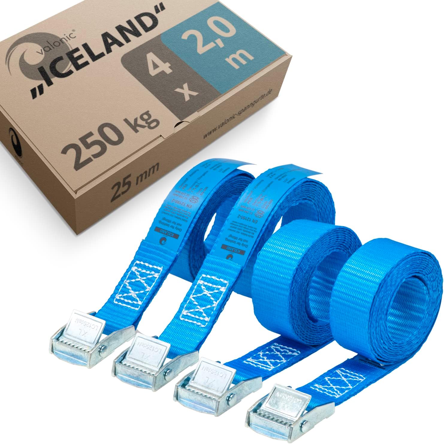 valonic Iceland - 4 x 2m Spanngurte mit Klemmschloss, 25mm, 250Kg - EN ...