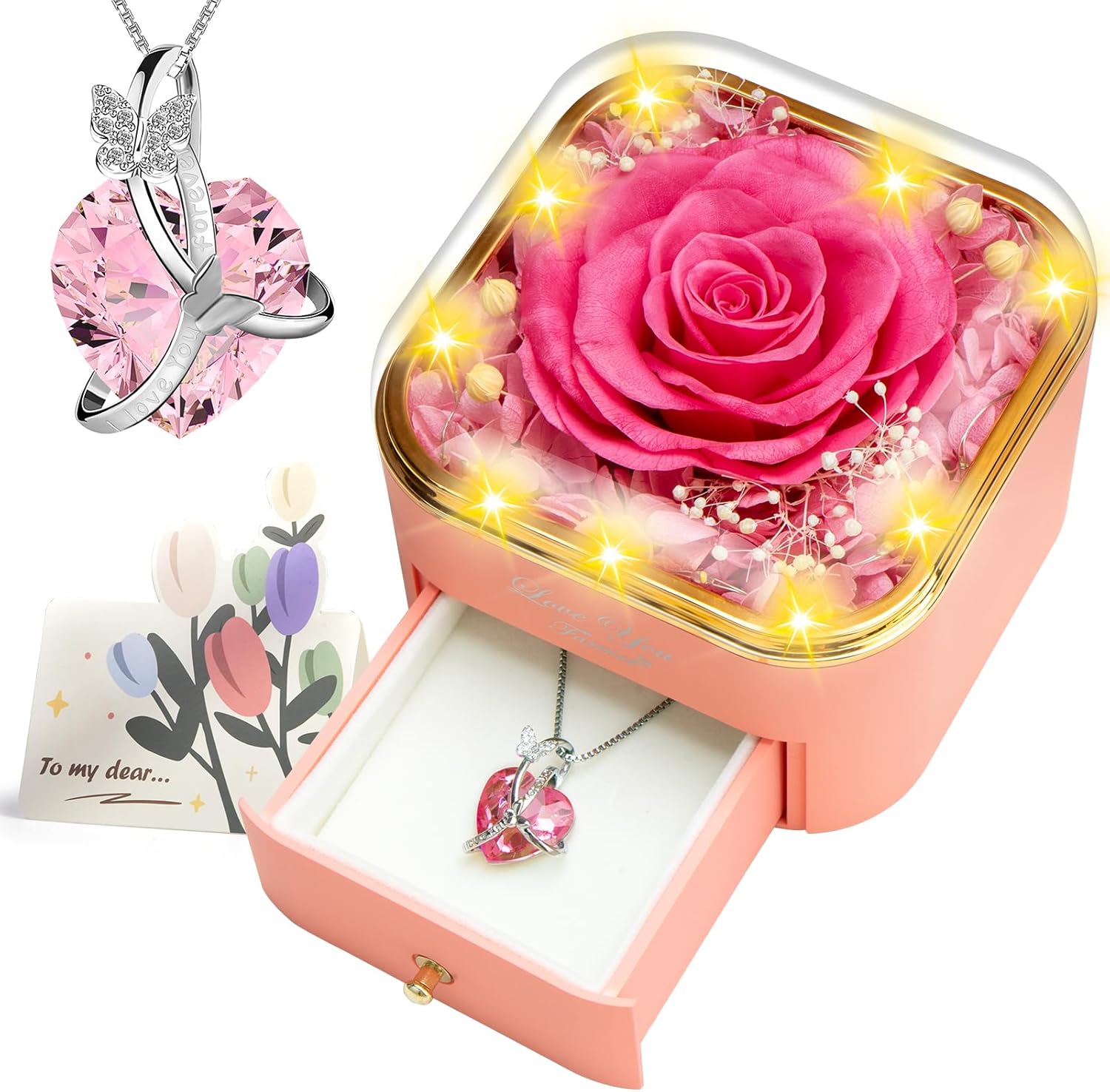 Amazon.com: ENERLEAF Preserved Pink Real Rose with Necklace Jewelry Box ...