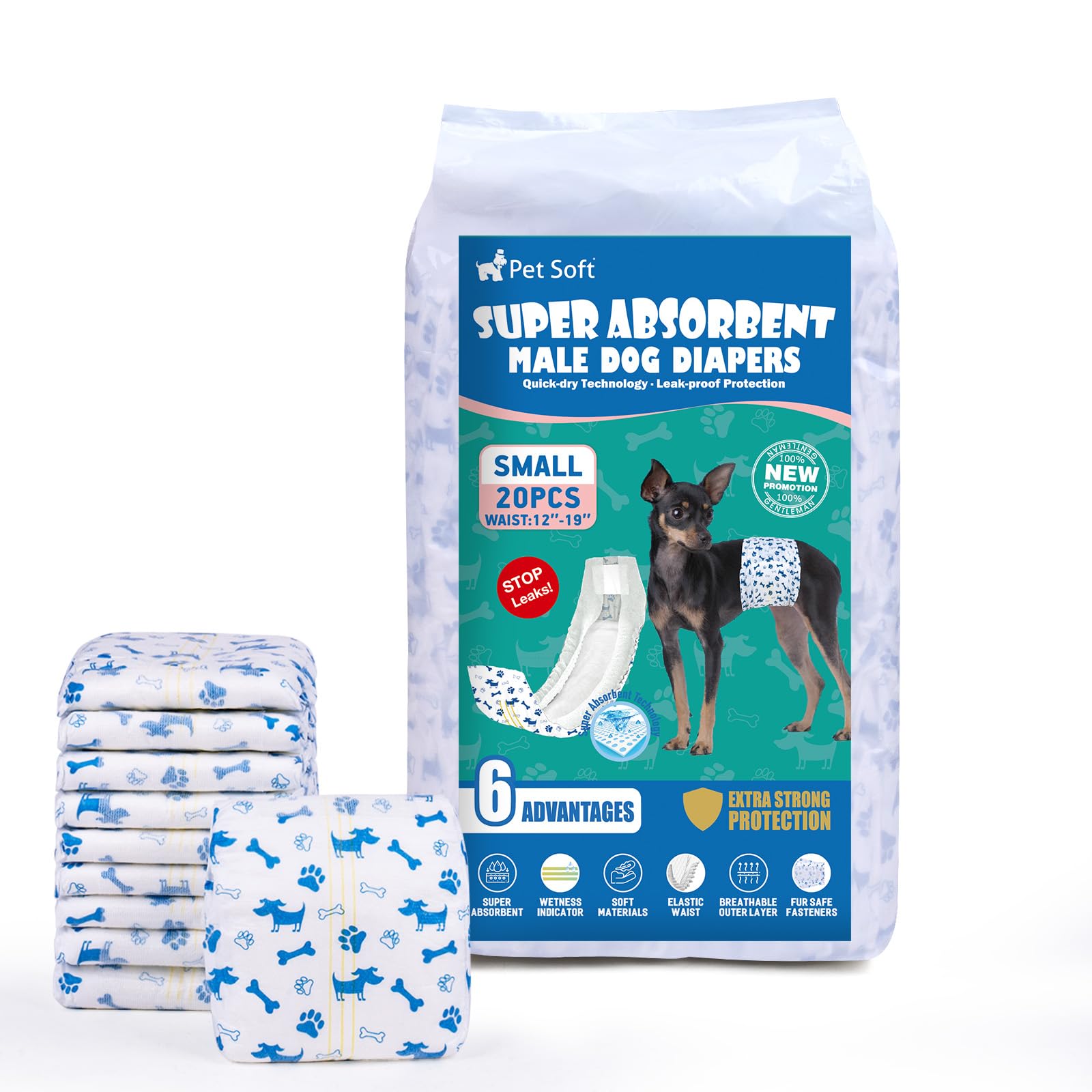 Pet Soft Dog Nappies Male - 20 Counts Disposable Male Dog Wraps with ...